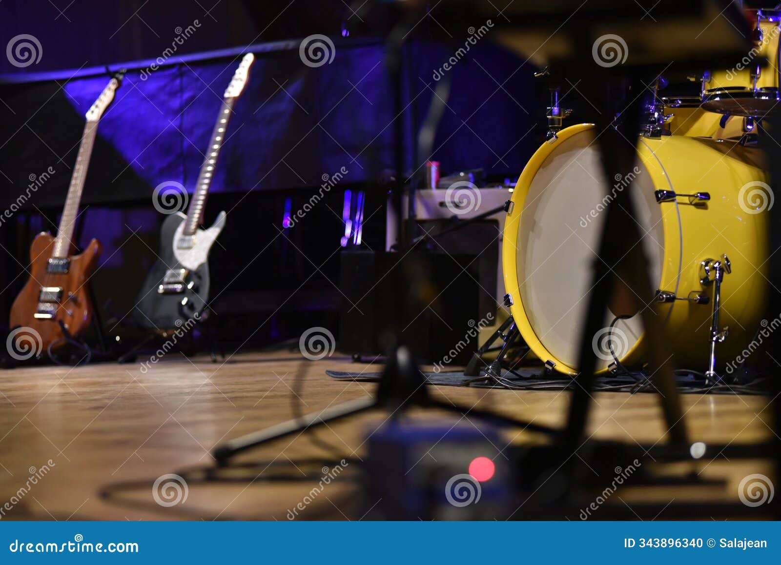 Guitars, Drum Kit, Musical Instruments on Stage Stock Photo - Image of ...