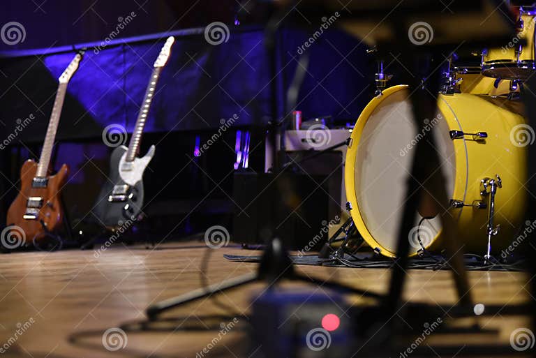 Guitars, Drum Kit, Musical Instruments on Stage Stock Photo - Image of ...