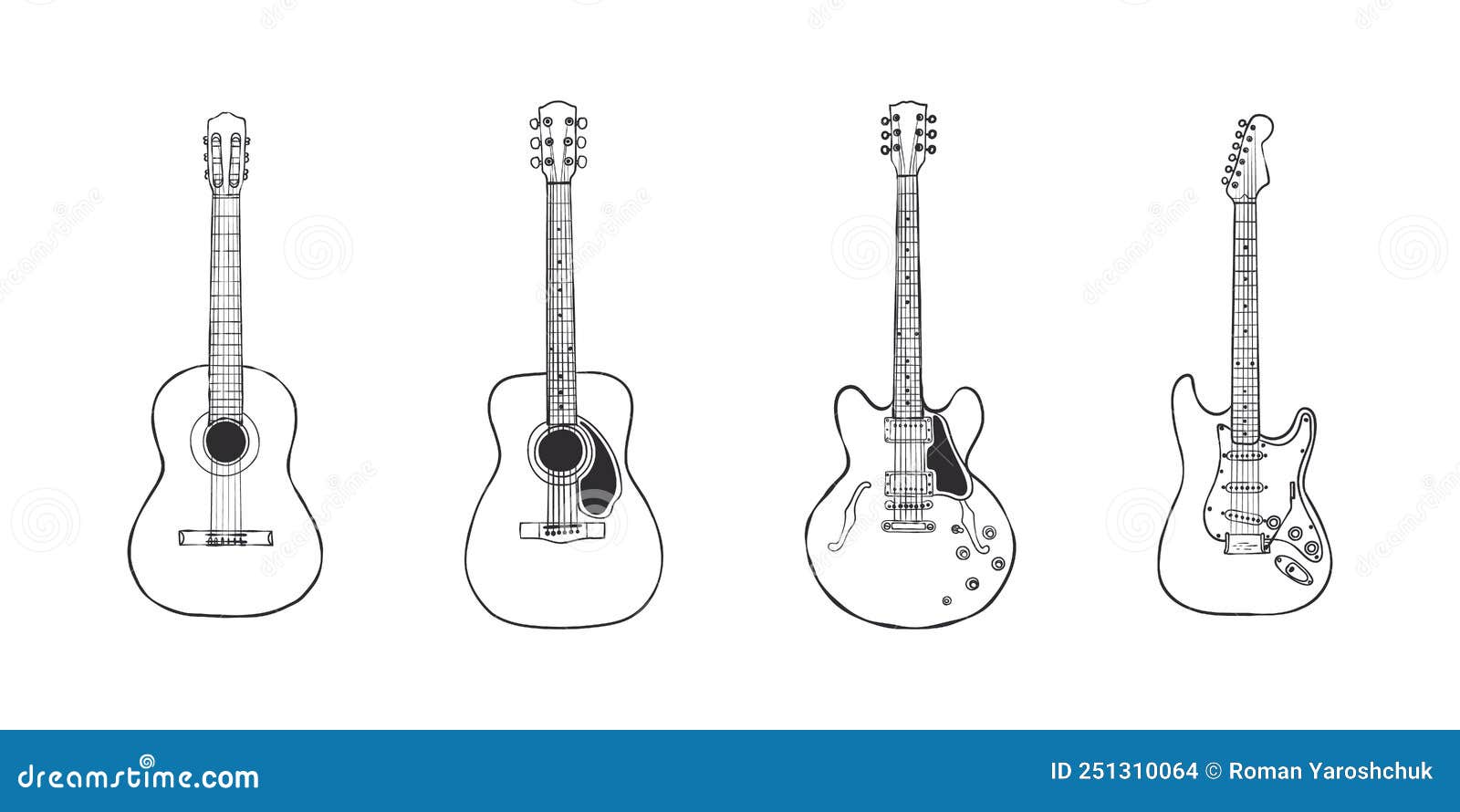 Guitars. Hand Drawn Guitars. Guitar Types. Hand Drawn Style Stock ...