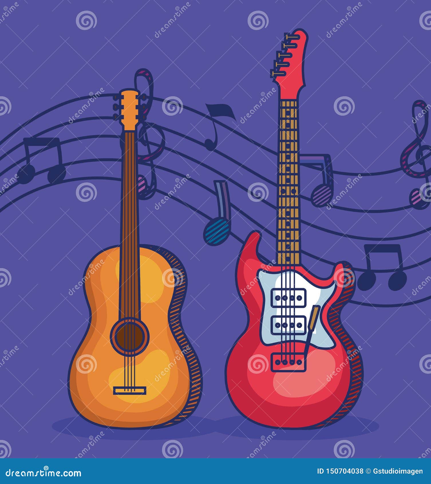 Guitars Instruments with Treble Clef and Quaver with Beam Notes Stock ...