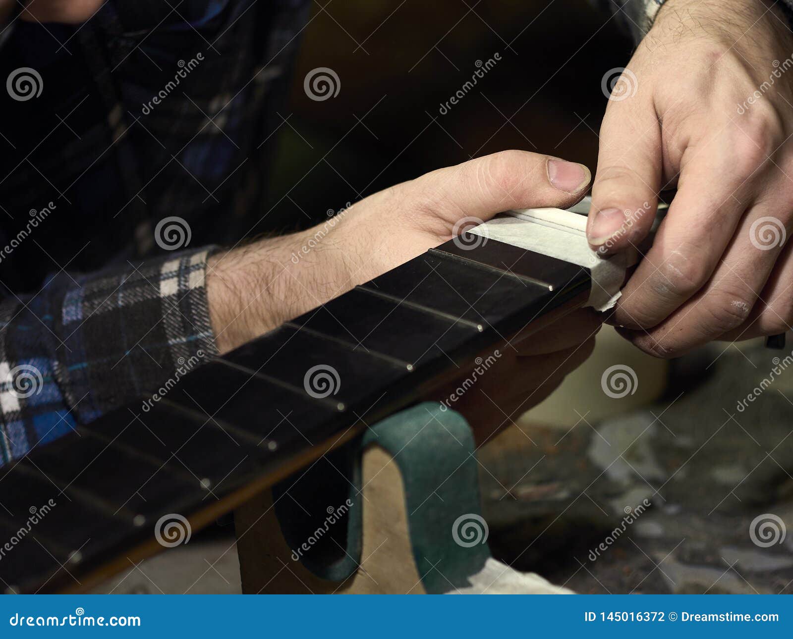Guitars Luthiers Installs Nut. Stock Photo - Image of instrument ...