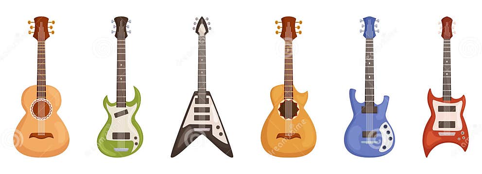 Guitars Set, Stringed Instruments with Resonating Body and Neck Played ...