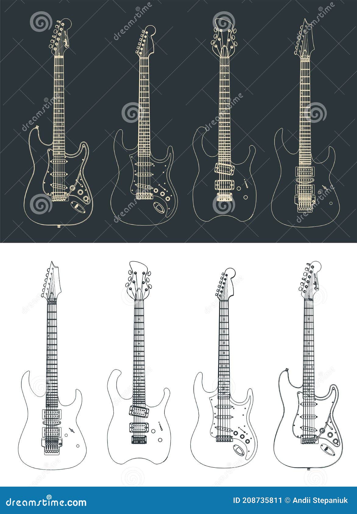 Set Of Stylized Guitars. Collection Of Electric Guitars. Black And ...