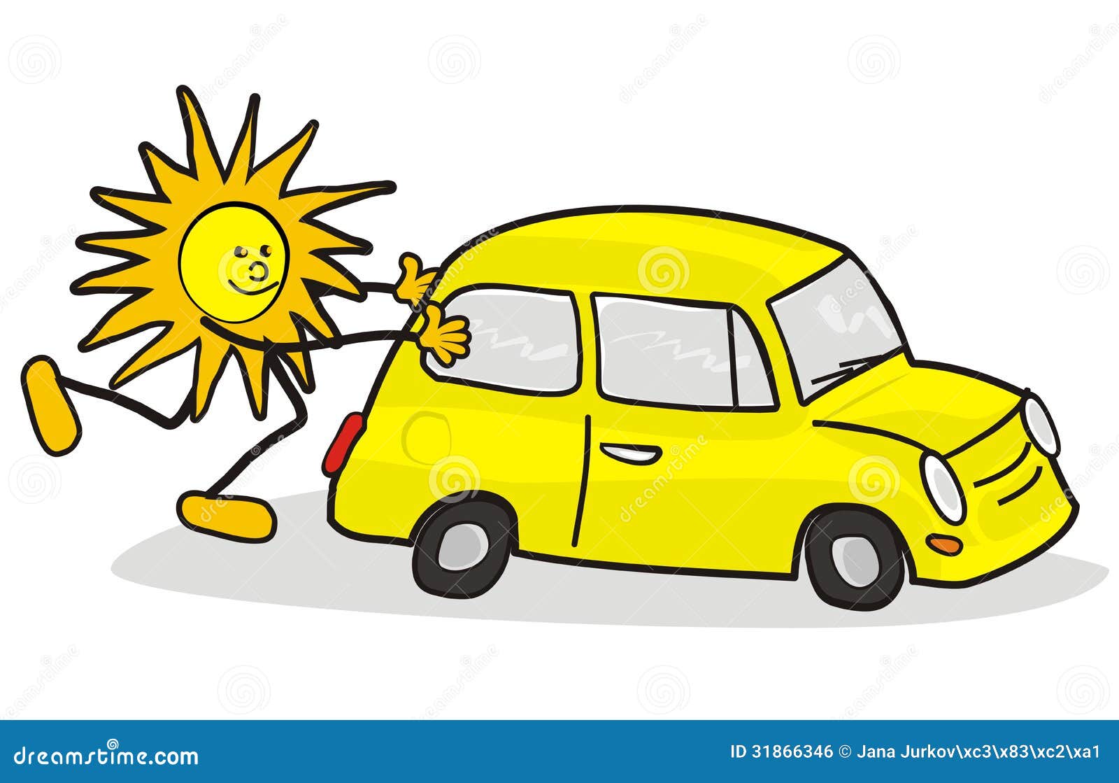 Gul bil och sol vektor illustrationer. Illustration av galet - 31866346