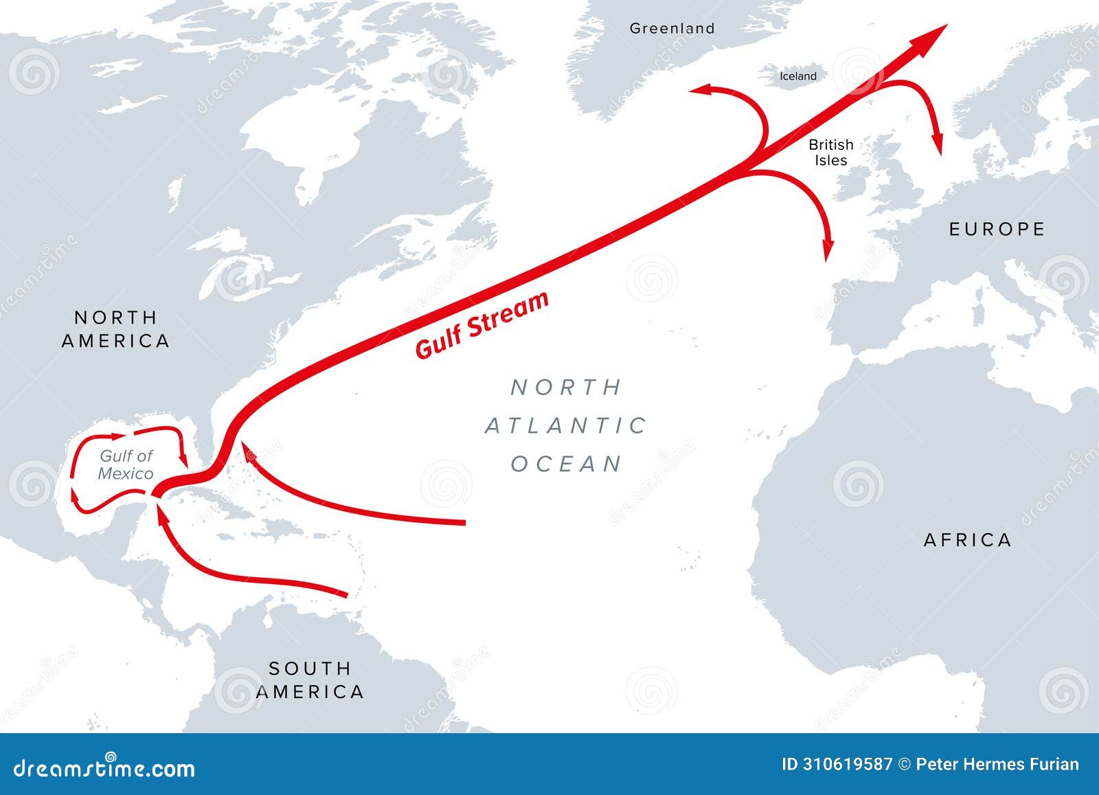 Gulf Stream, Warm and Swift Atlantic Ocean Current, Gray Political Map ...