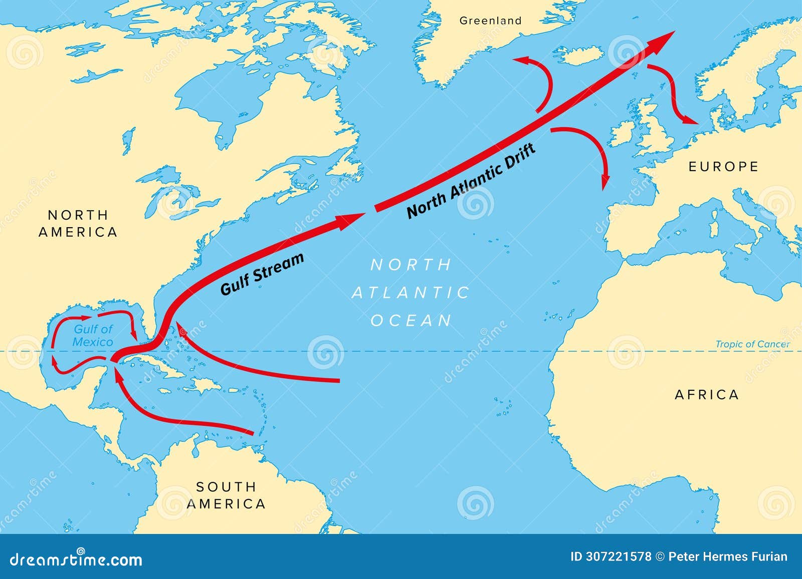 Map Of North Atlantic Ocean Currents, With Gulf Stream And Other ...