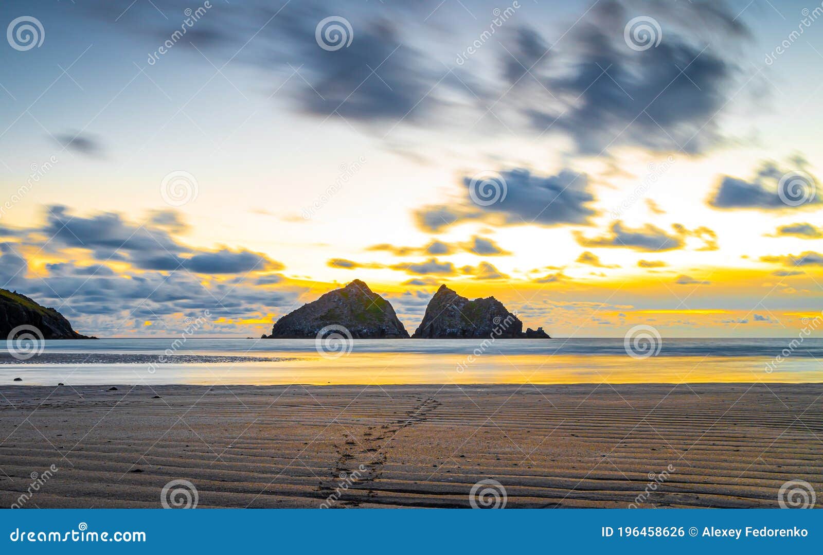 Gull Rocks at Sunset in Hollywell Bay in Cornwall Stock Photo - Image ...