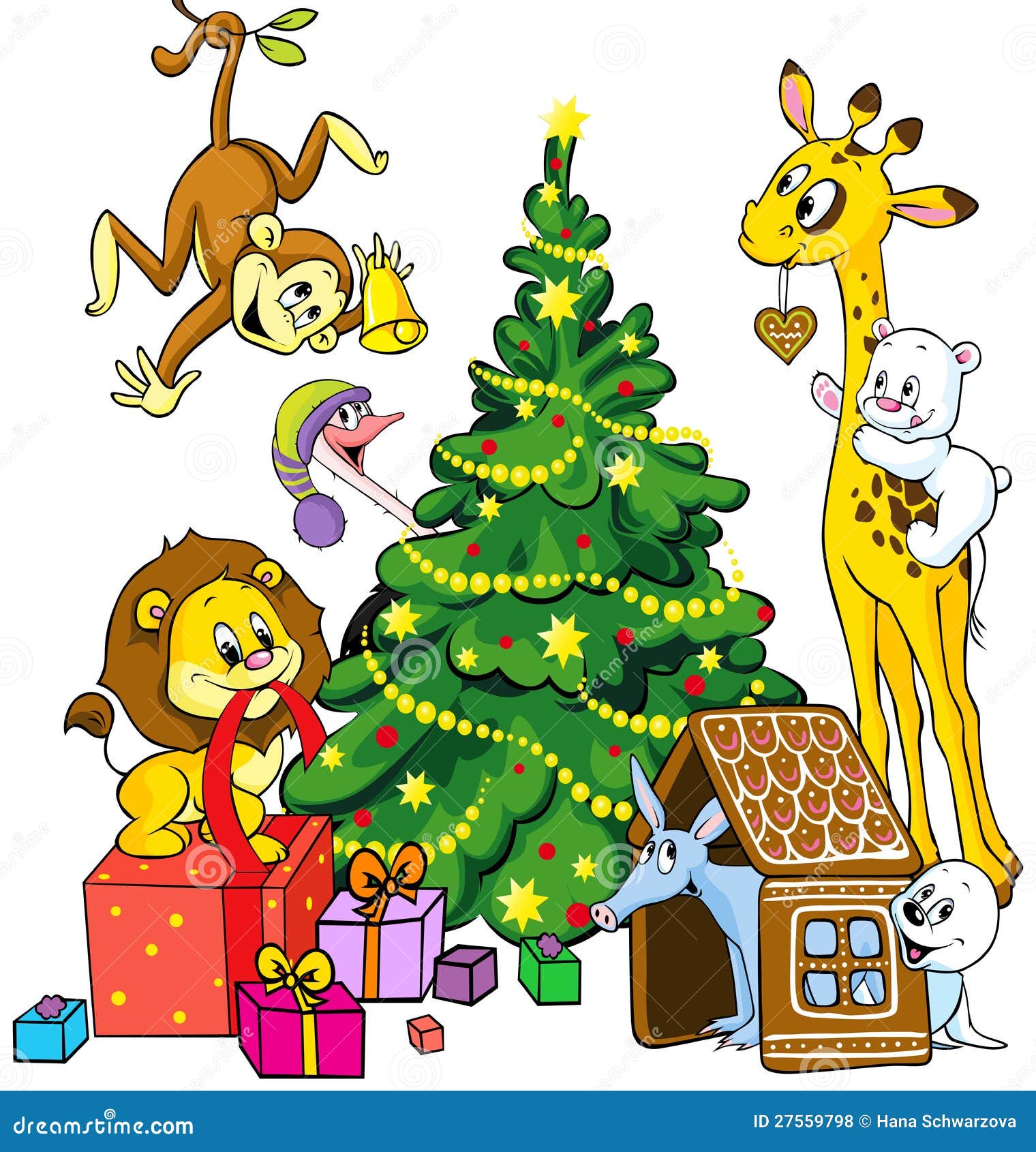 Gulliga djur firar jul vektor illustrationer. Illustration av lyckligt ...