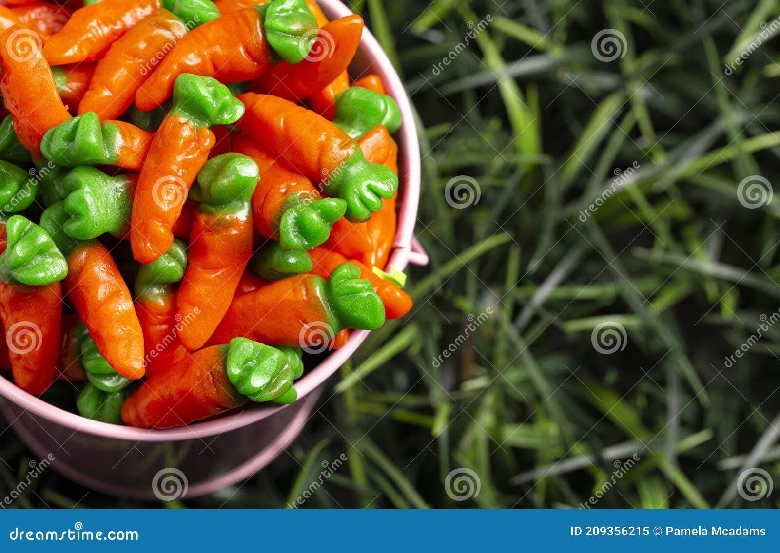 Gummy Candy Carrots in a Pink Bucket on the Grass Stock Image - Image ...