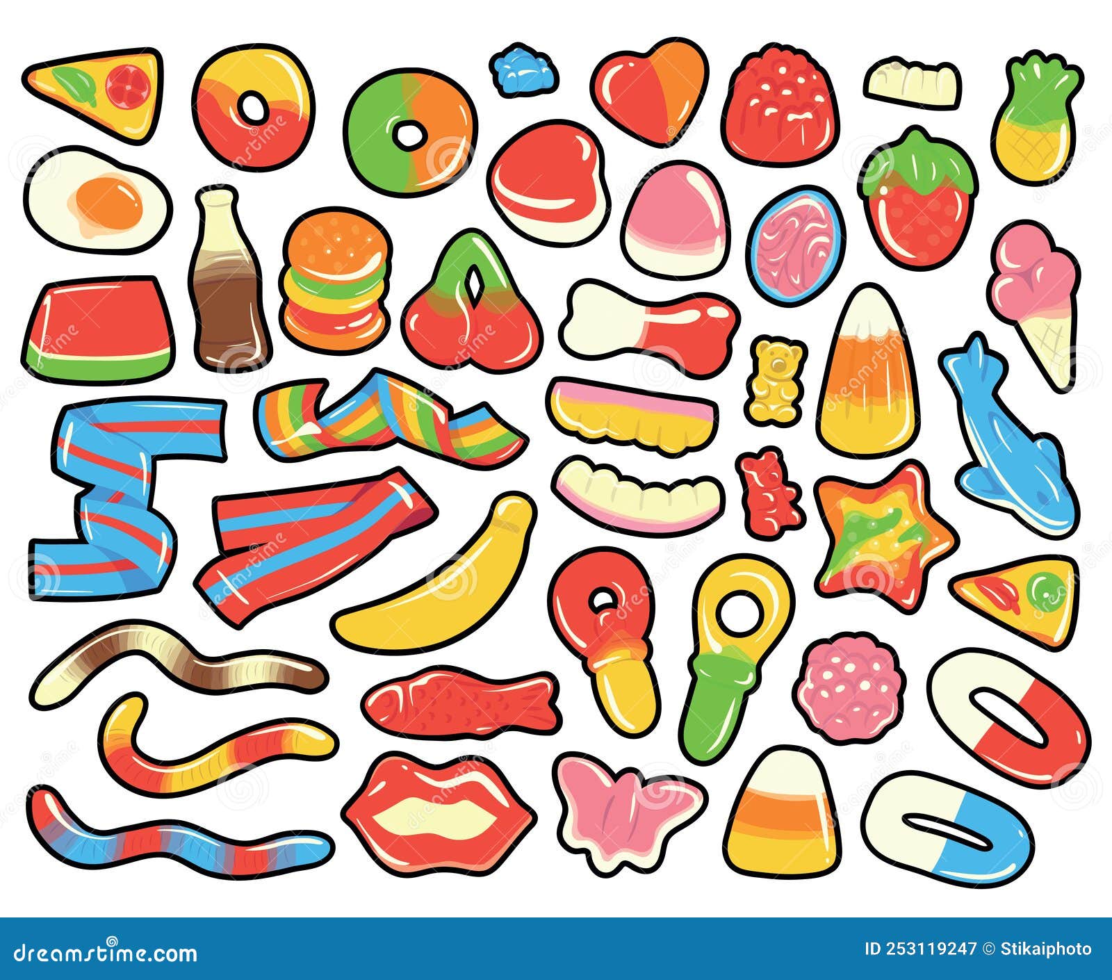 Collection Of Colorful Cartoon Gummy And Jelly Candies. Isolated Hand ...