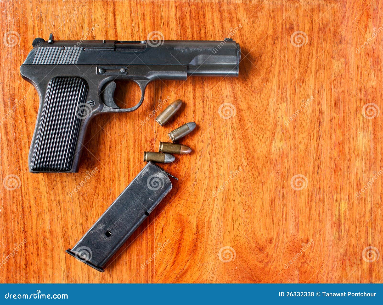 Gun and Bullets on Wood Table Stock Photo - Image of kill, criminal ...