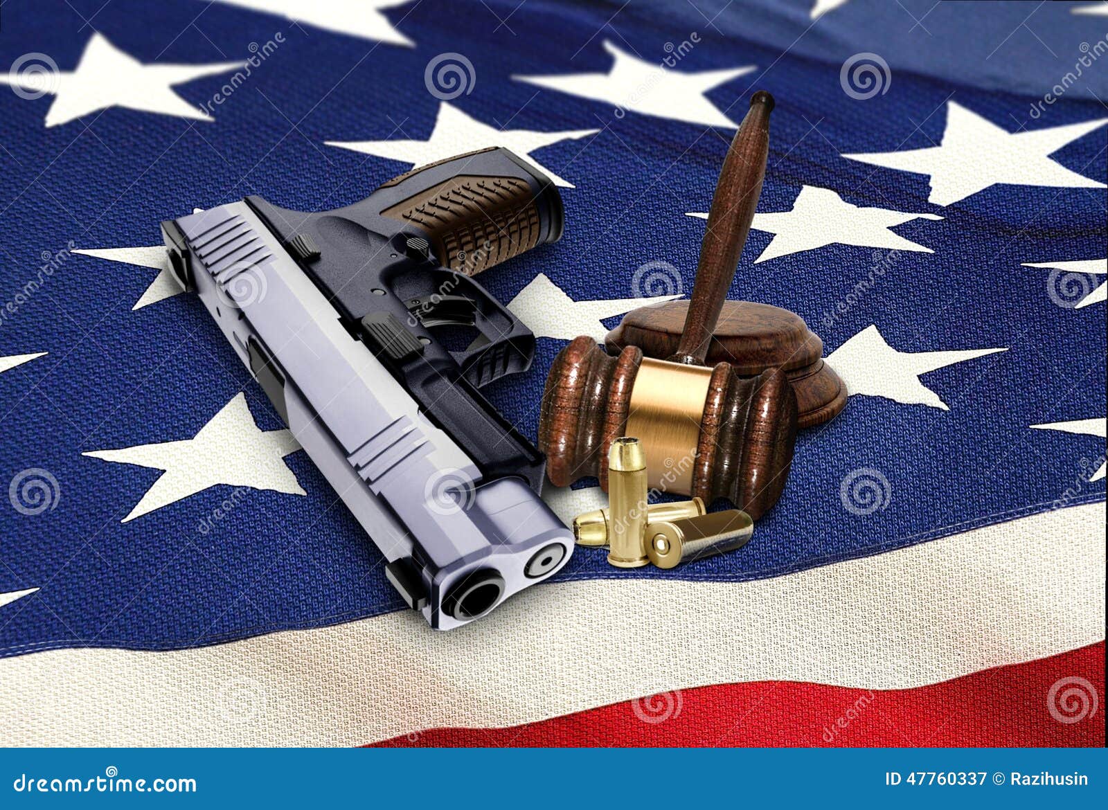 Gun with Gavel and Bullets on American Flag Stock Image - Image of ...