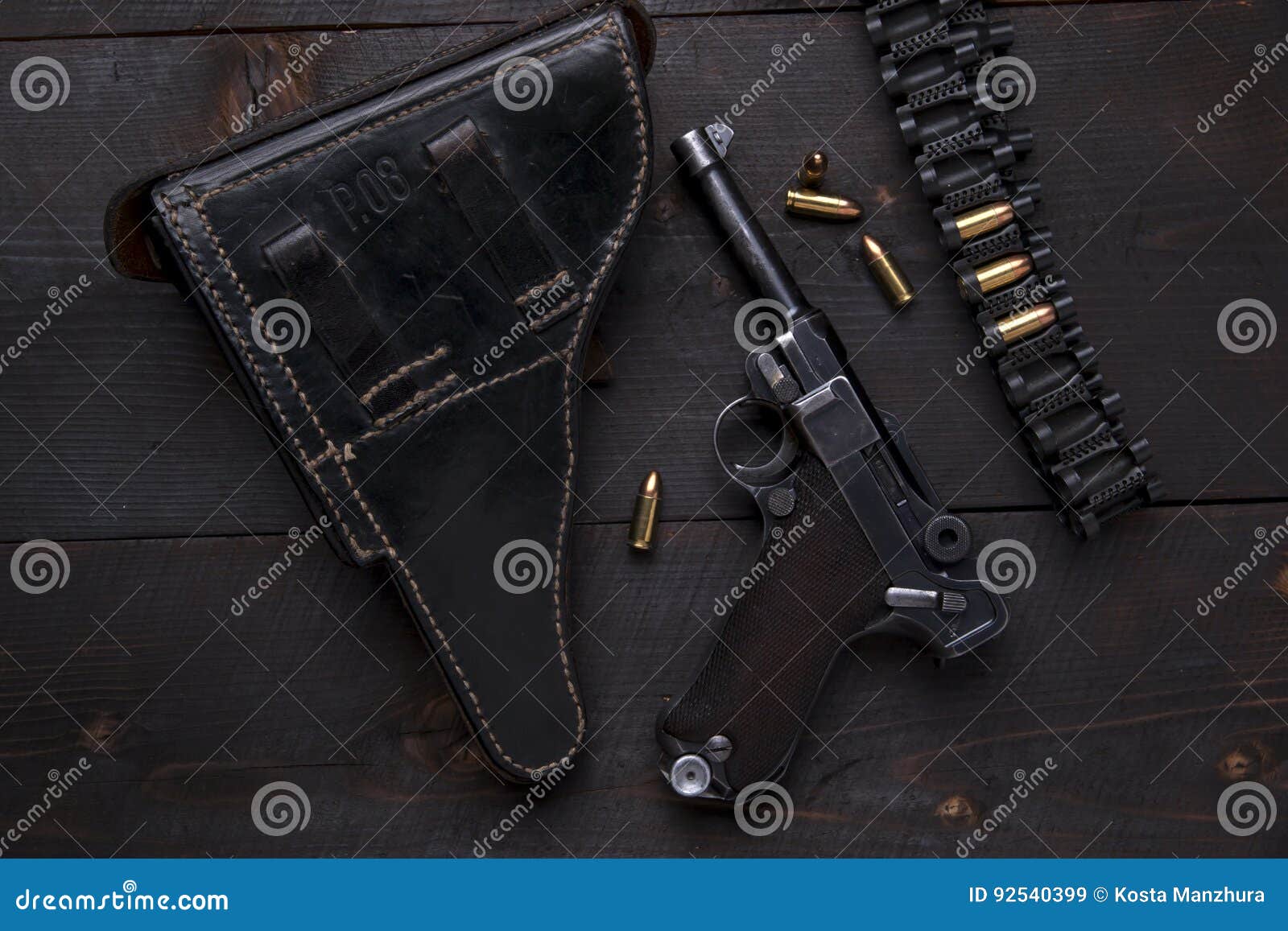 Gun Luger with Cartridges and Holster on the Blackboard Stock Image ...