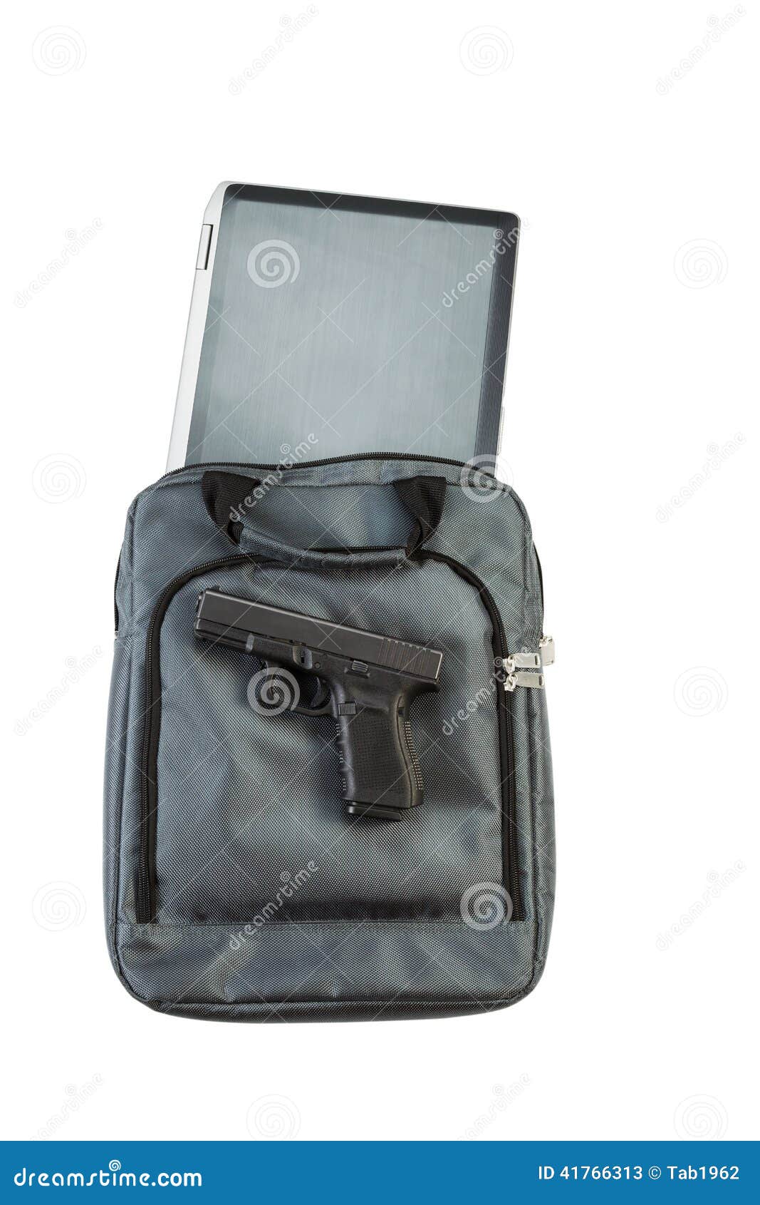 Gun and Notebook Computer with Carry Bag on White Stock Image - Image ...