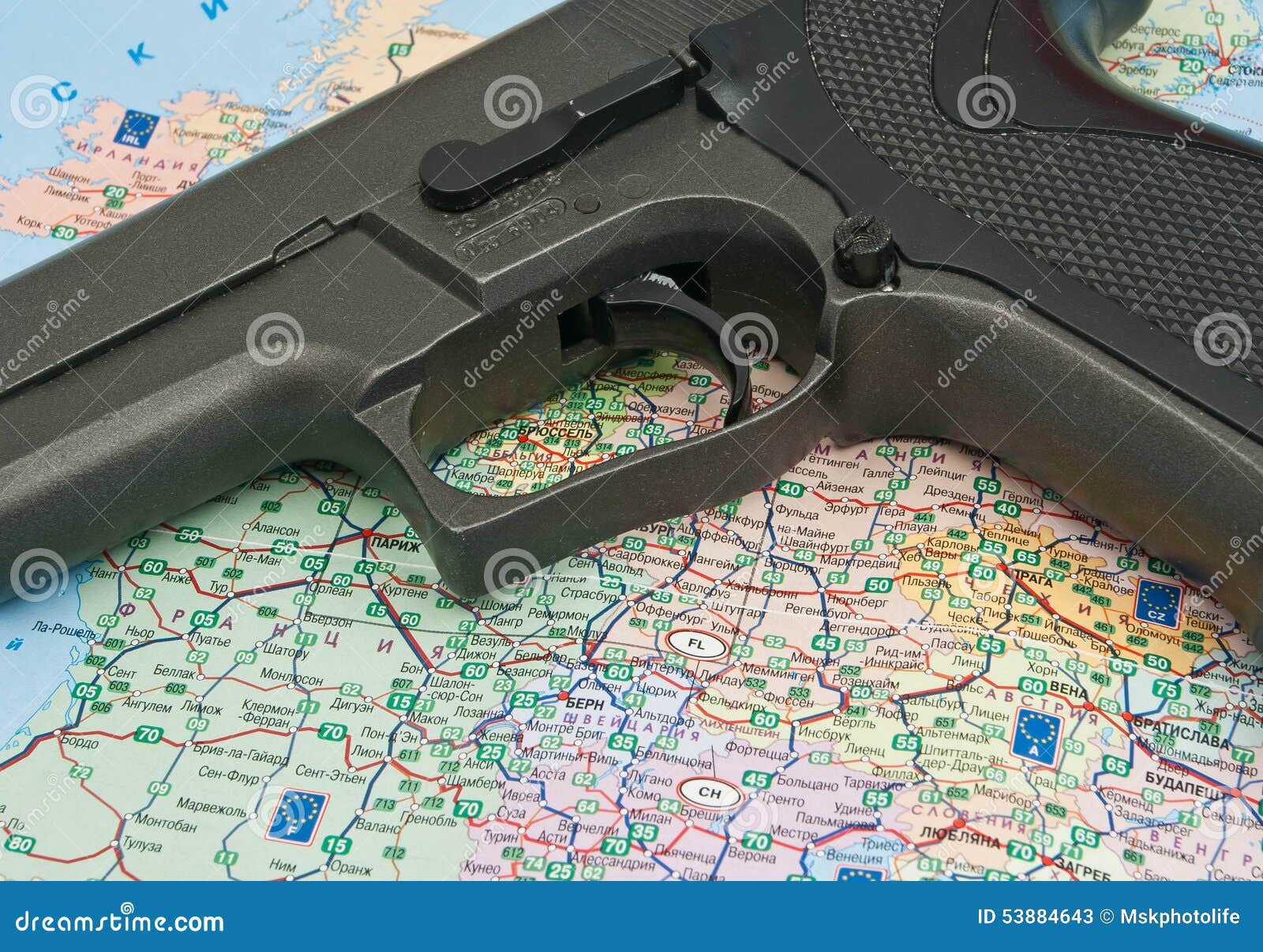 Gun over the map stock image. Image of firearm, country - 53884643