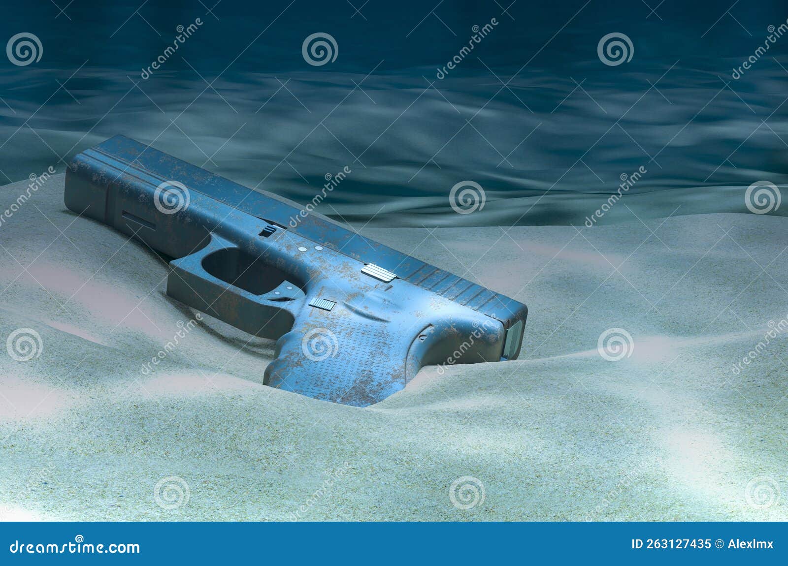 Gun, Pistol on Ocean Bottom Underwater, 3D Rendering Stock Illustration ...