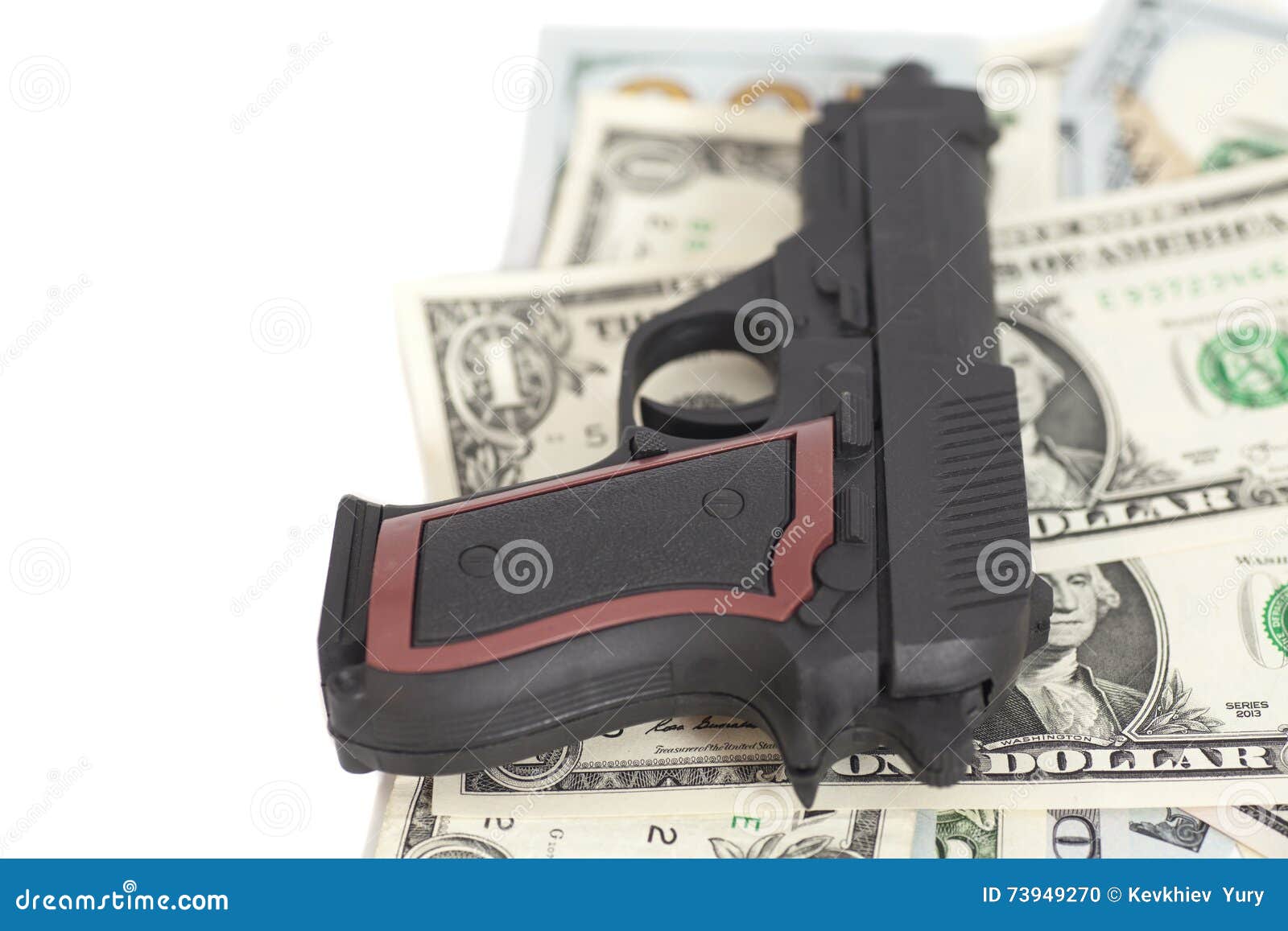 Gun on US dollar banknotes stock photo. Image of banking - 73949270