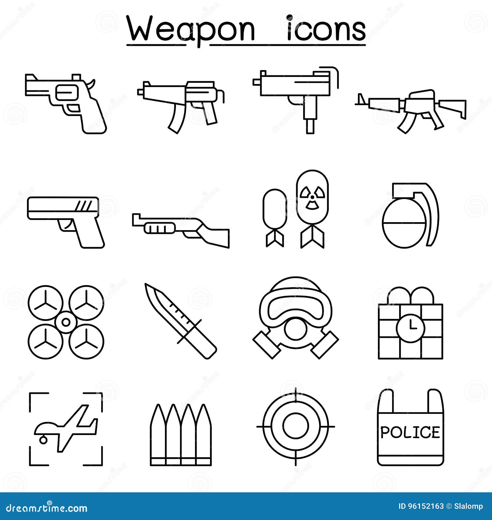 Gun & Weapon Icon Set in Thin Line Style Stock Vector - Illustration of ...