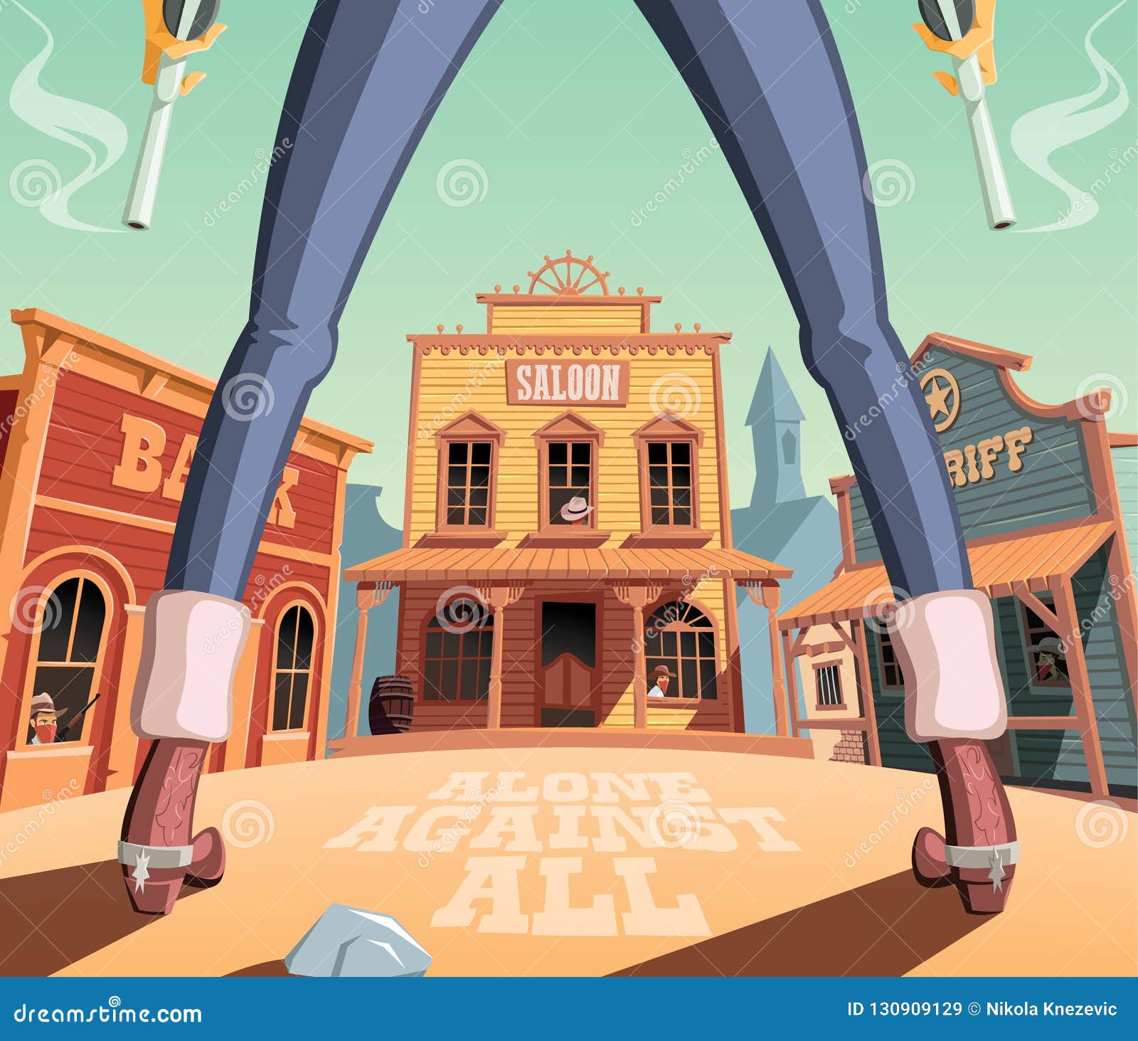 Gunfight in wild west town stock illustration. Illustration of hotel ...