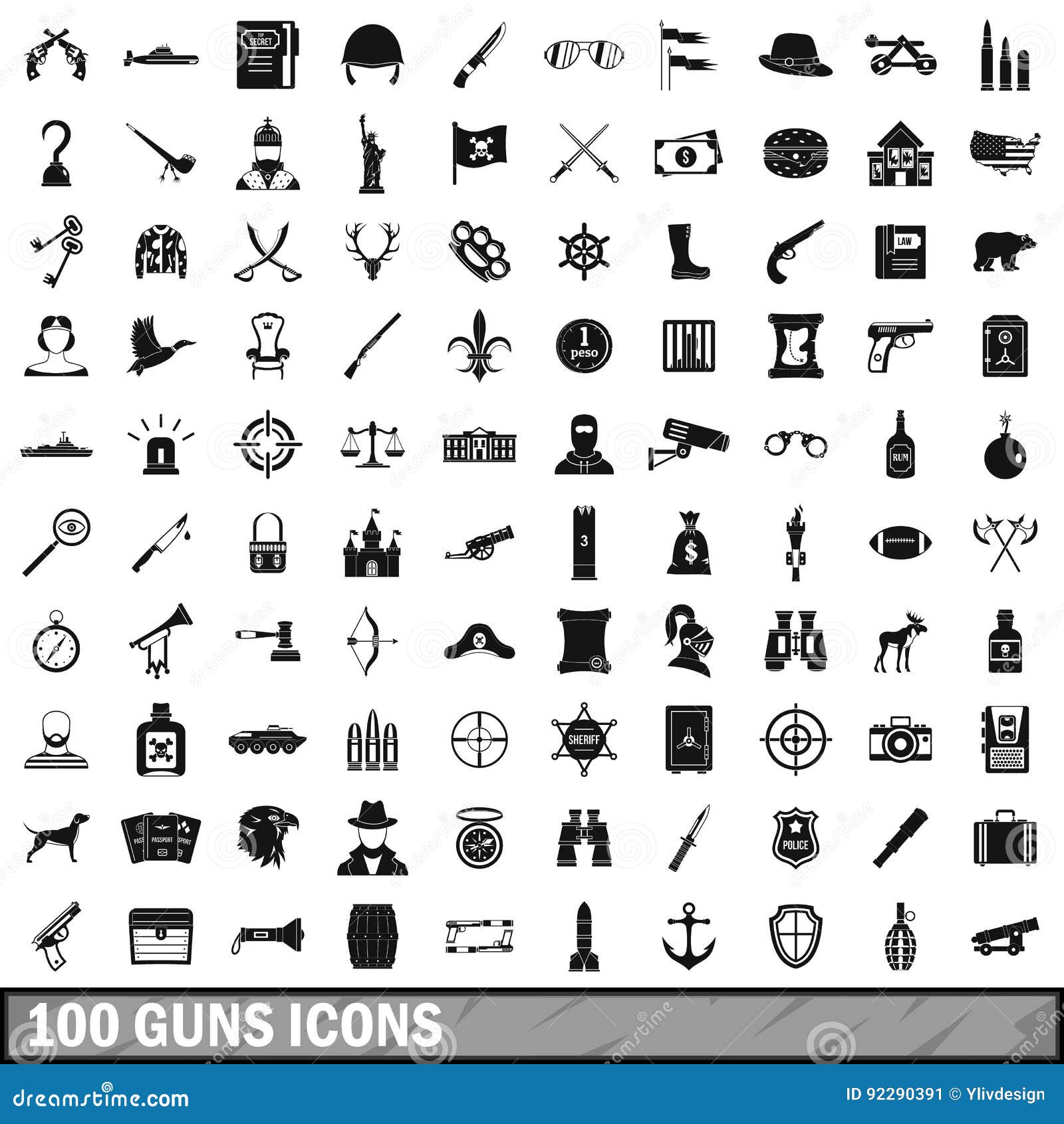 100 Guns Icons Set, Simple Style Stock Vector - Illustration of chest ...