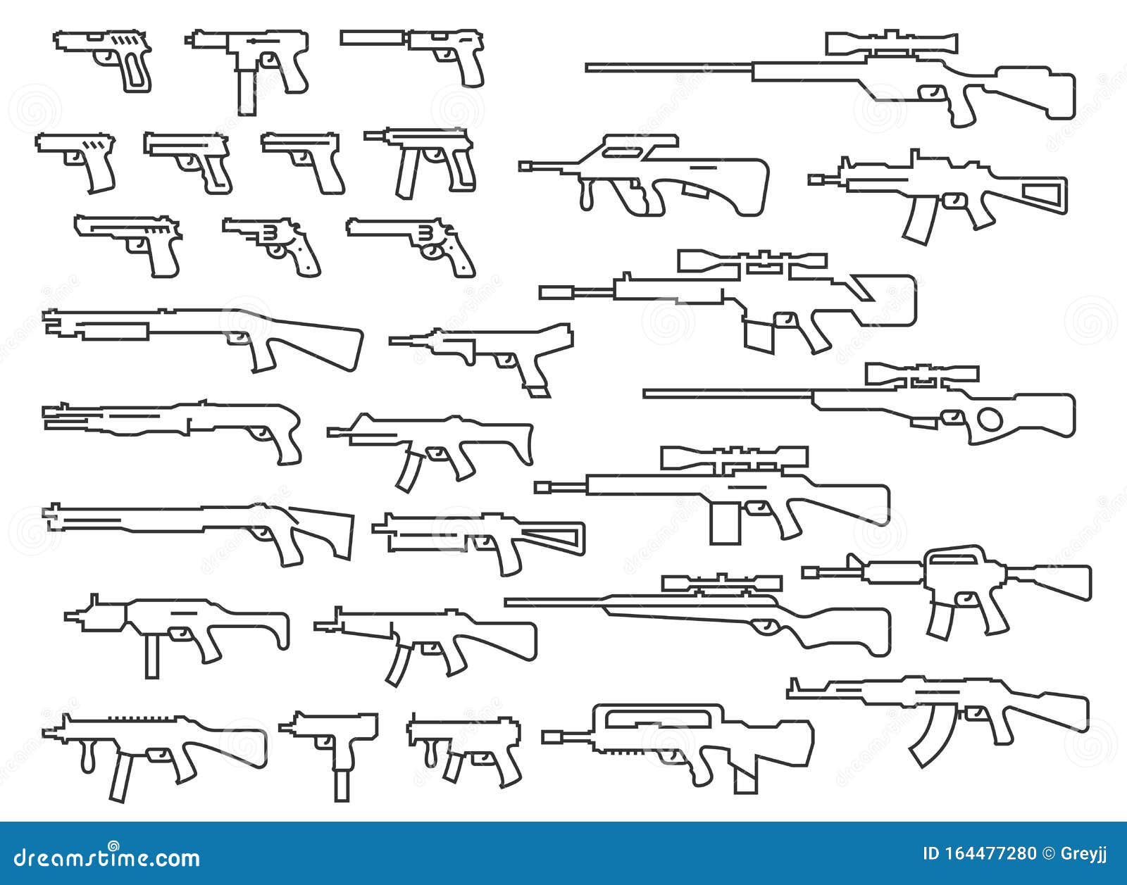 Guns, Weapons Set in Outline Style Stock Vector - Illustration of ...