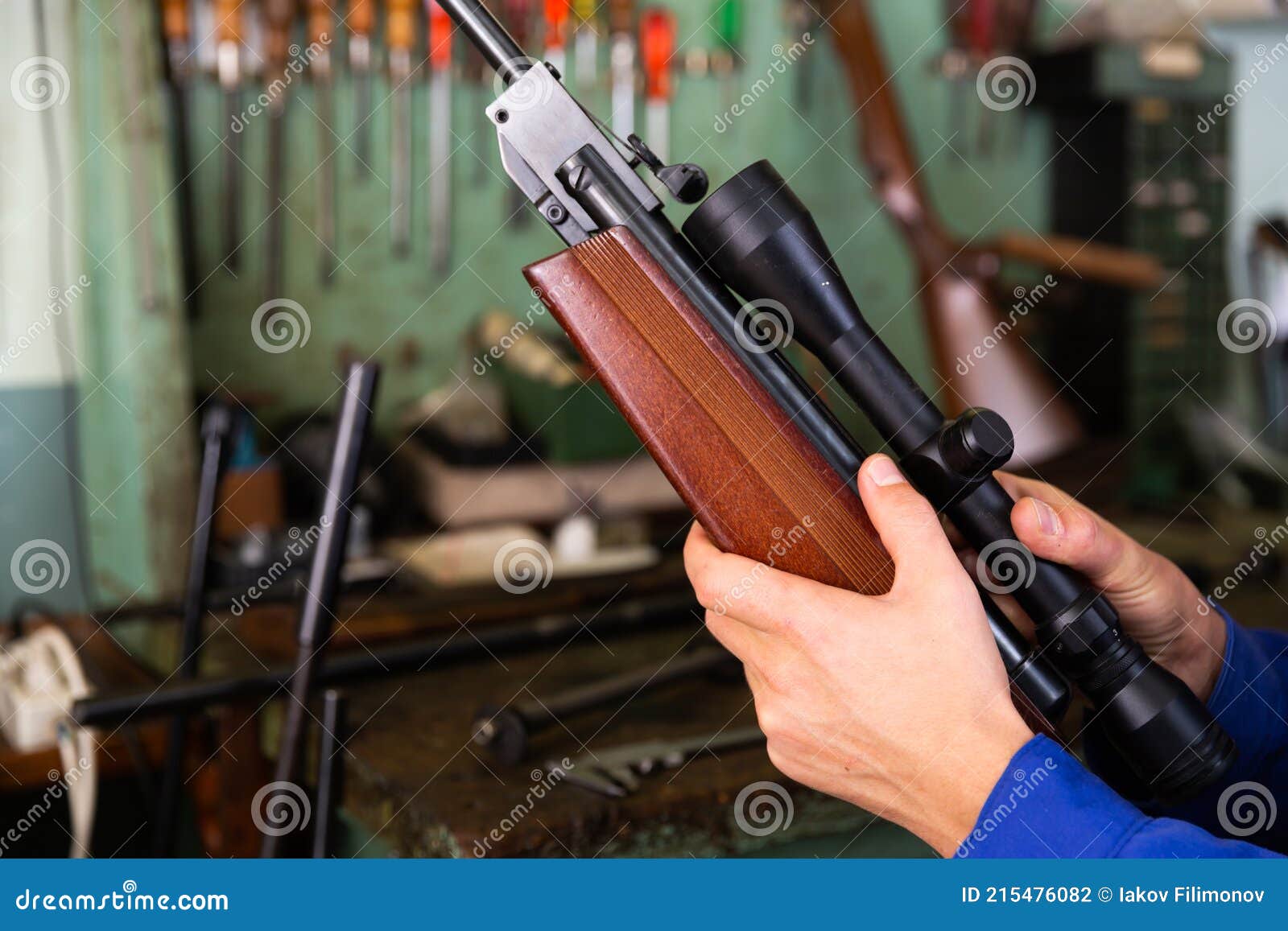 Gunsmith Hands Installing Optical Sight on Single-barreled Rifle Stock ...