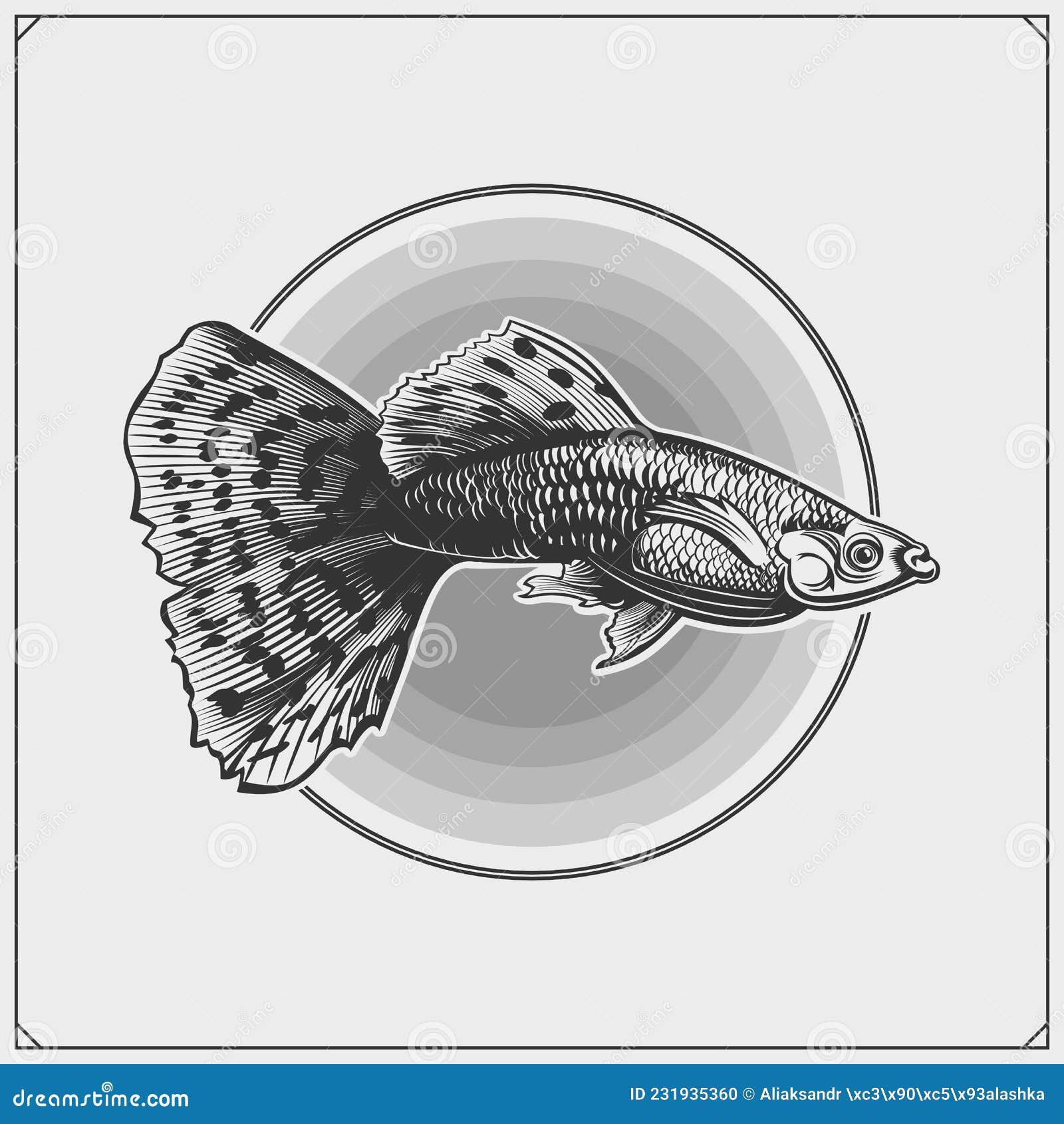 Guppy Emblem. Black And White Realistic Graphics. Vector Illustration ...