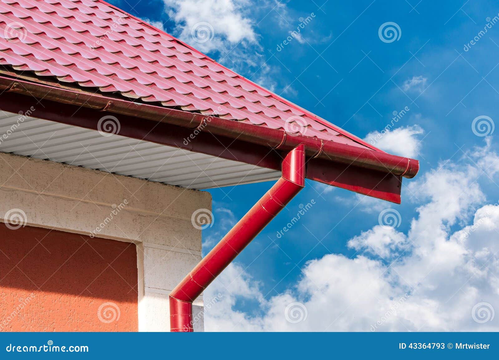 Gutter and red tiled roof stock image. Image of blue - 43364793
