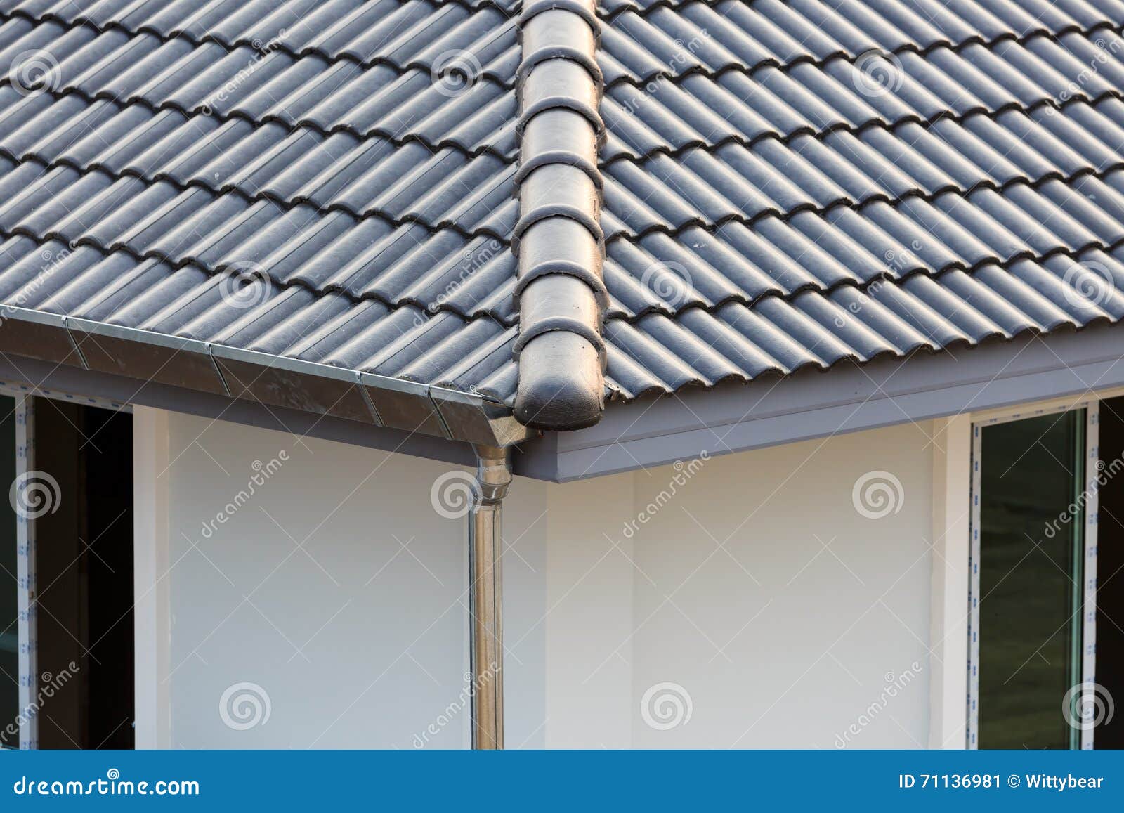 Gutter on the Roof Top of House Stock Image - Image of exterior, blue ...