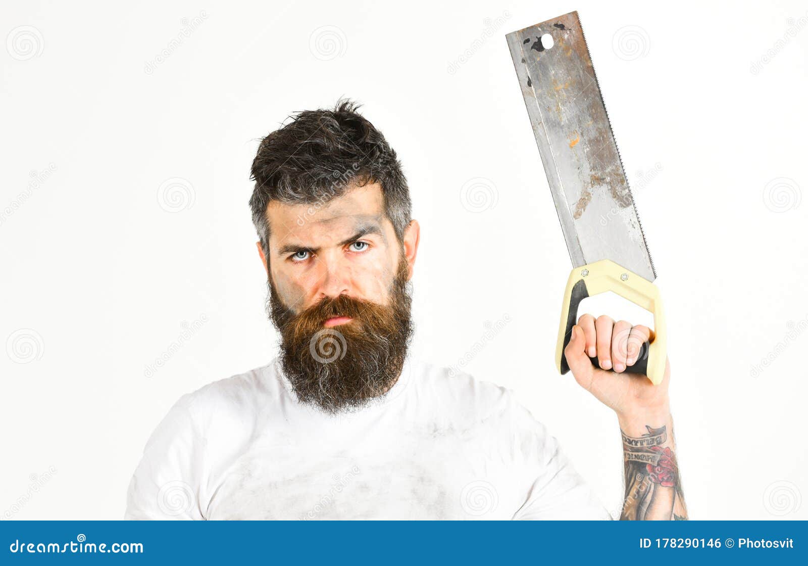 Guy with Beard Covered with Dust. Builder, Worker, Carpenter, Stock ...