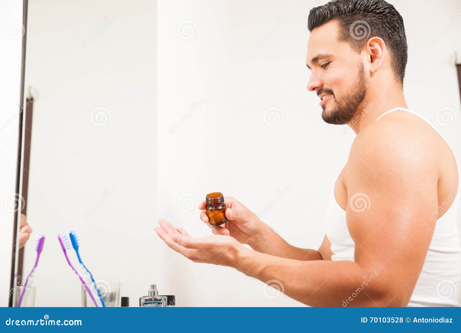 Guy with a Beard Taking Some Pills Stock Photo - Image of copy, aspirin ...