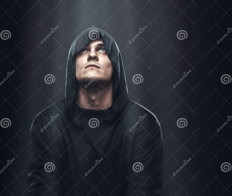 Guy a Black Robe Standing in Dark Stock Photo - Image of forgiveness ...