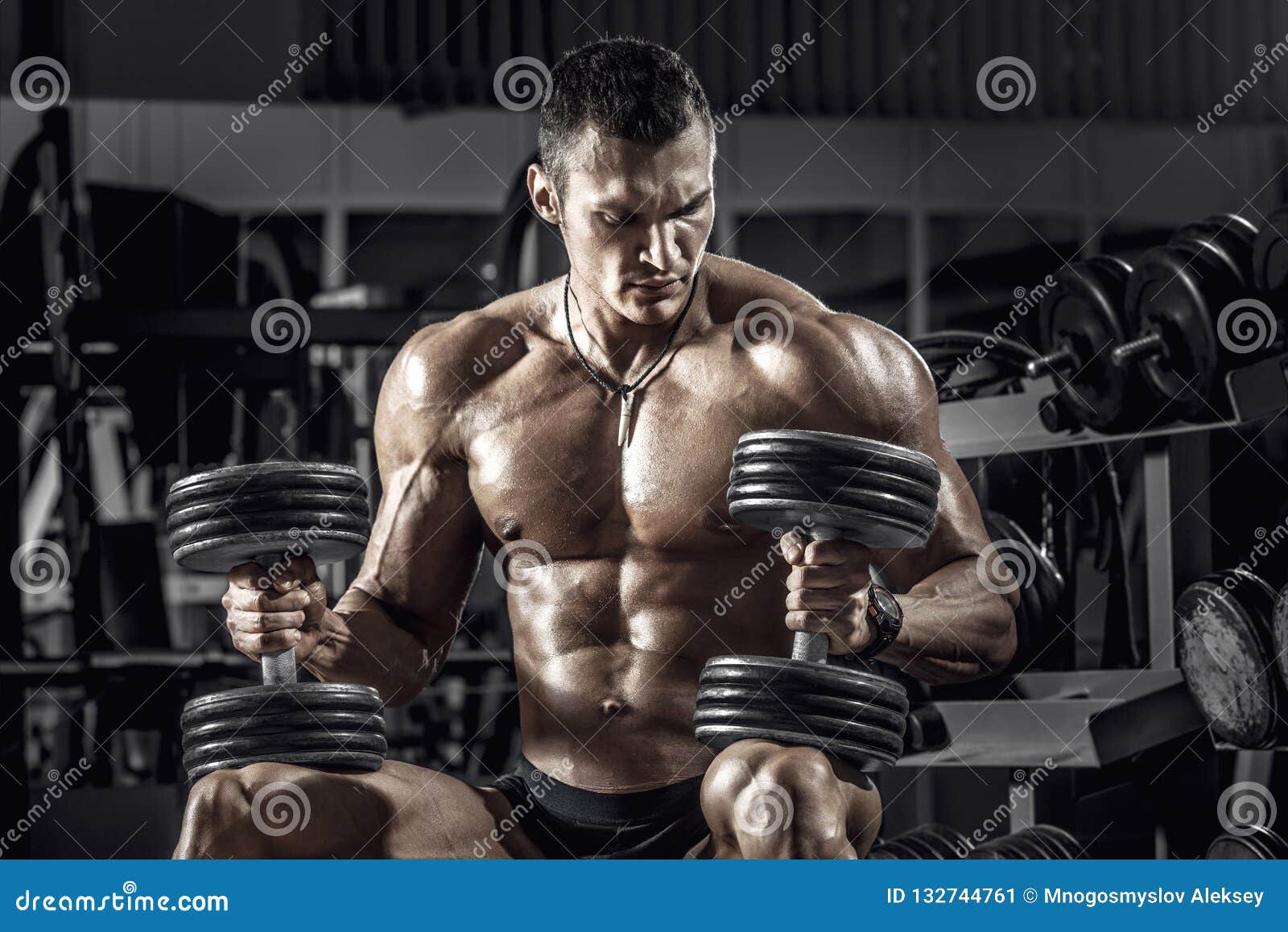 Guy Bodybuilder with Dumbbell Stock Image - Image of exercises ...