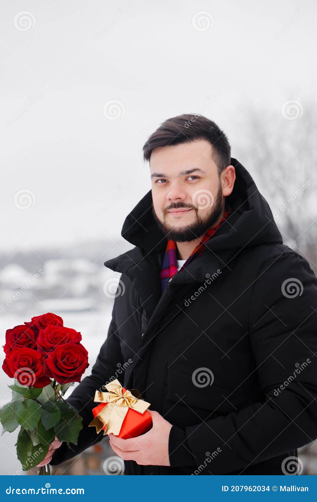 Guy with a Bouquet of Roses and a Red Box Stock Photo - Image of ...