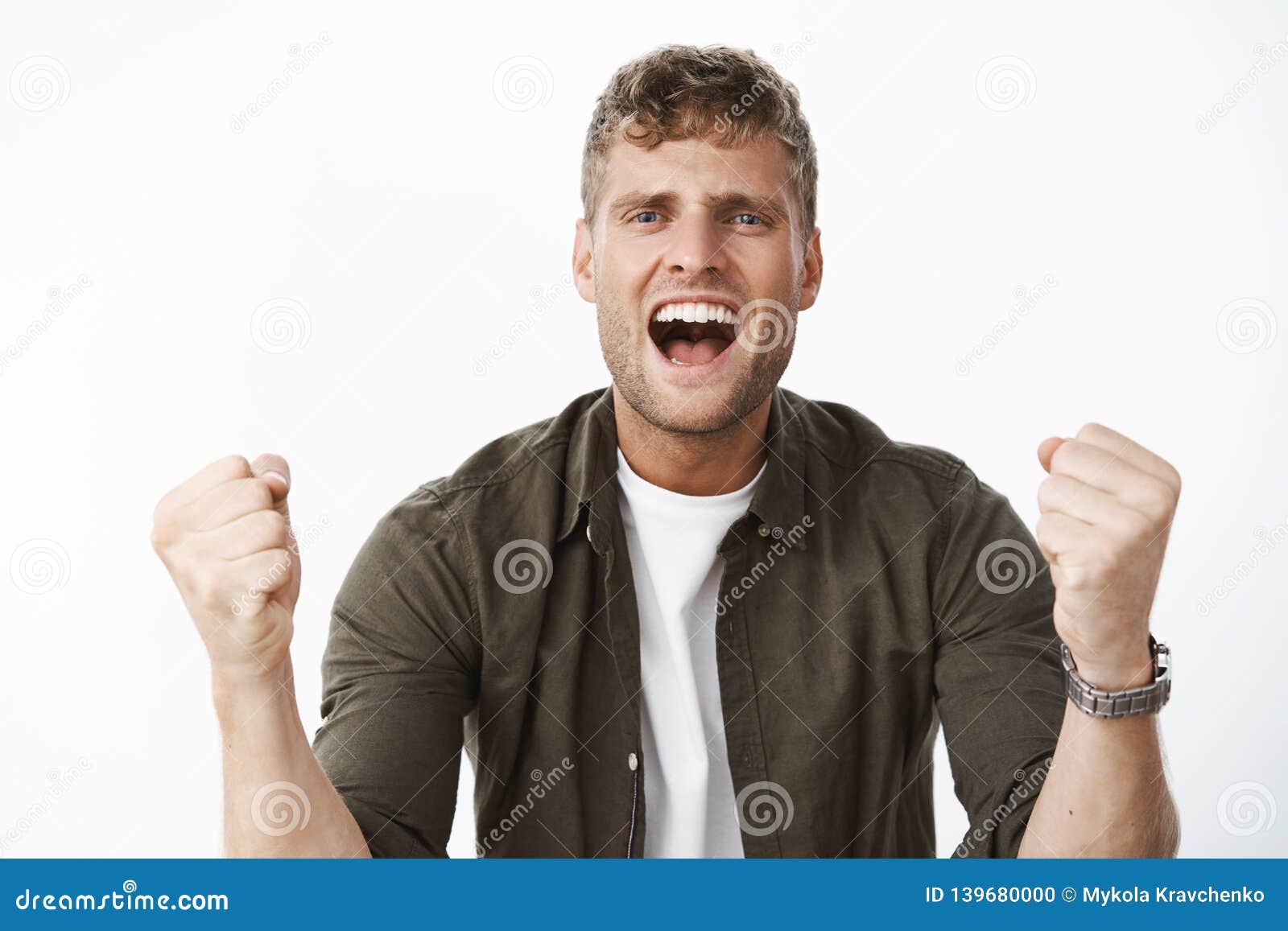 Guy Cheering with Excitement and Joy Yelling at Camera Supportive Words ...