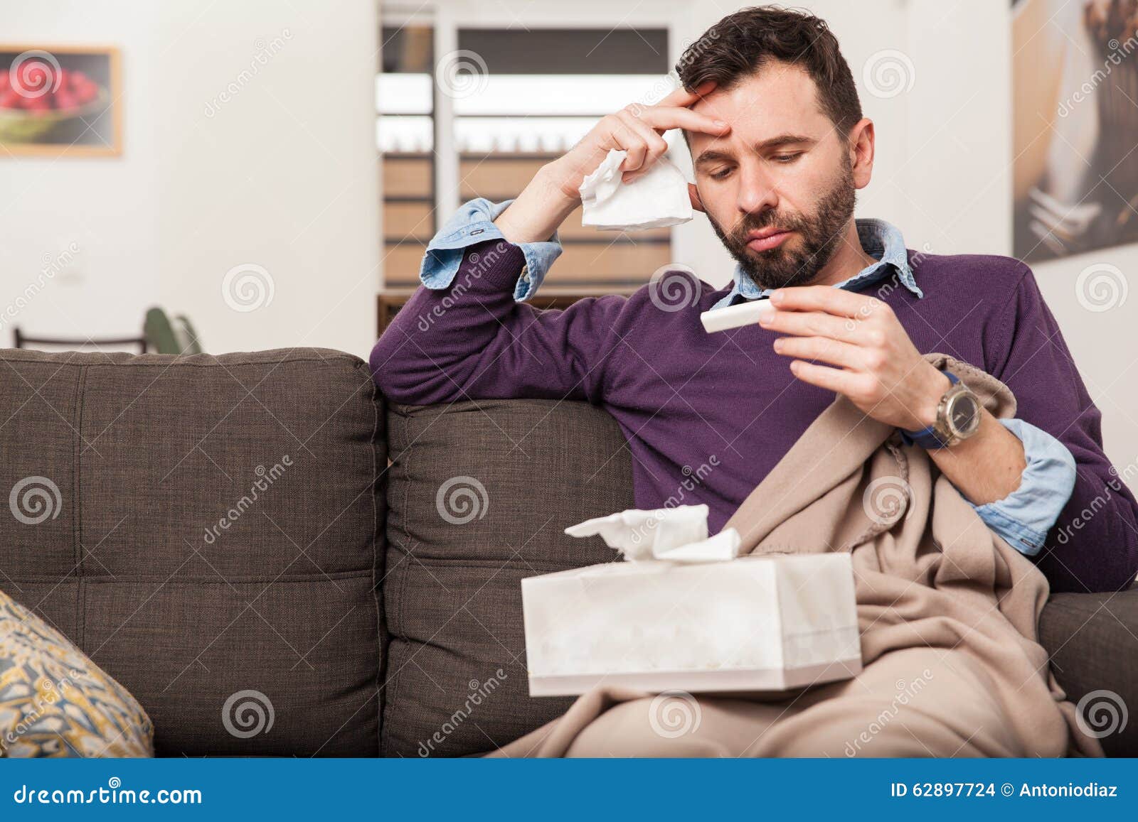 Guy with a Cold and Fever at Home Stock Photo - Image of good, sofa ...