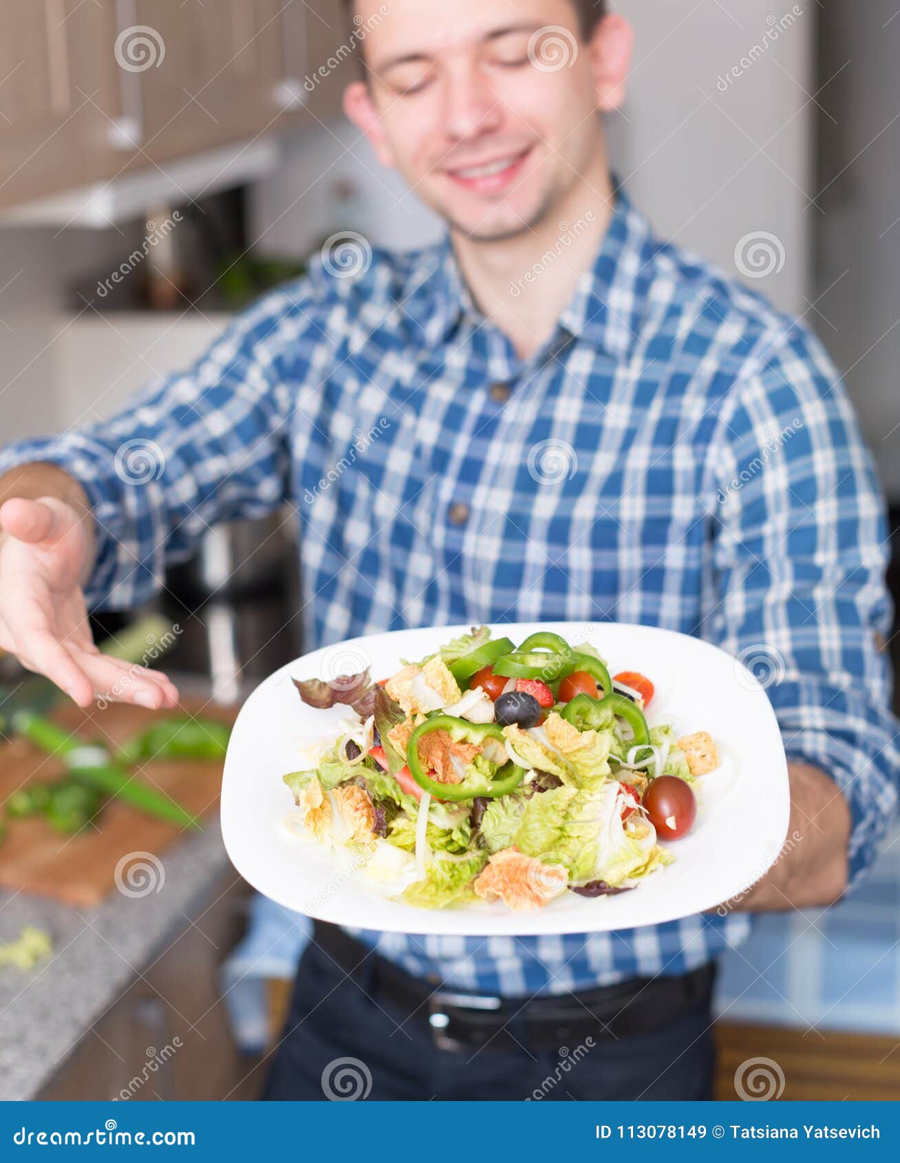 Guy cooked gourmet salad stock image. Image of happy - 113078149
