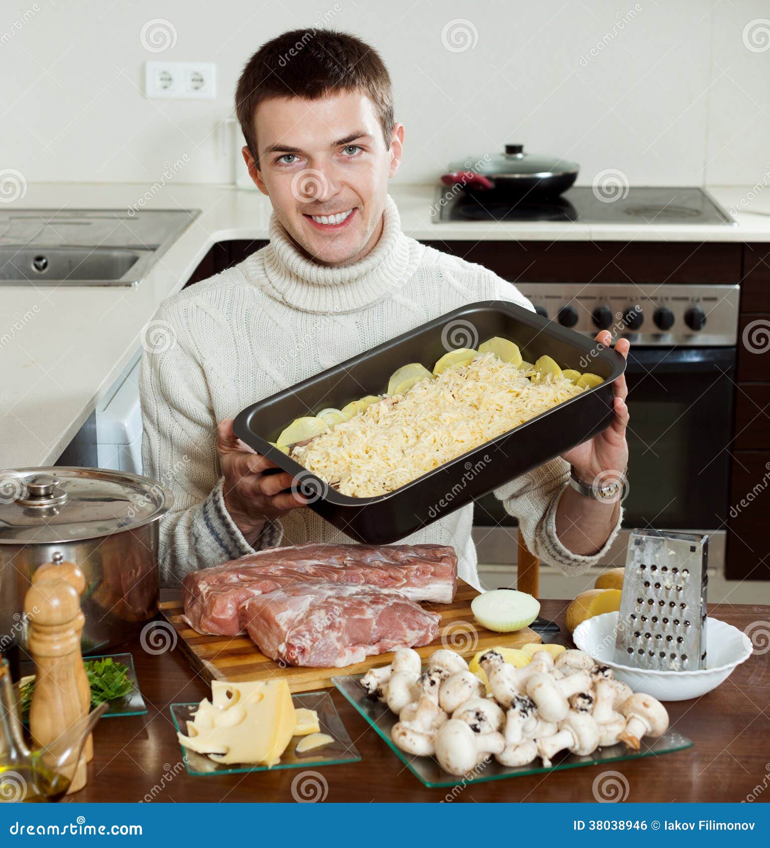 Guy Cooking French-style Meat in Kitchen Stock Photo - Image of cook ...