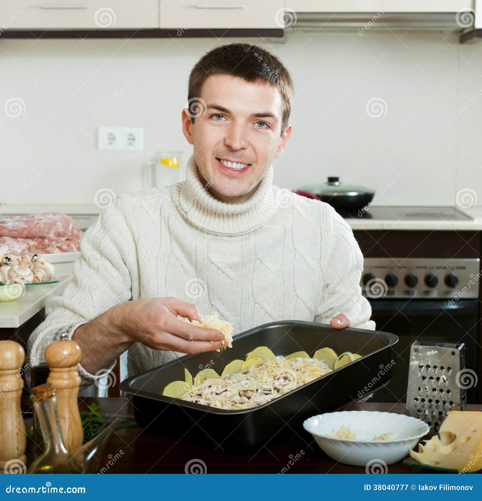 Guy Cooking Meat in Kitchen Stock Image - Image of cook, champignons ...