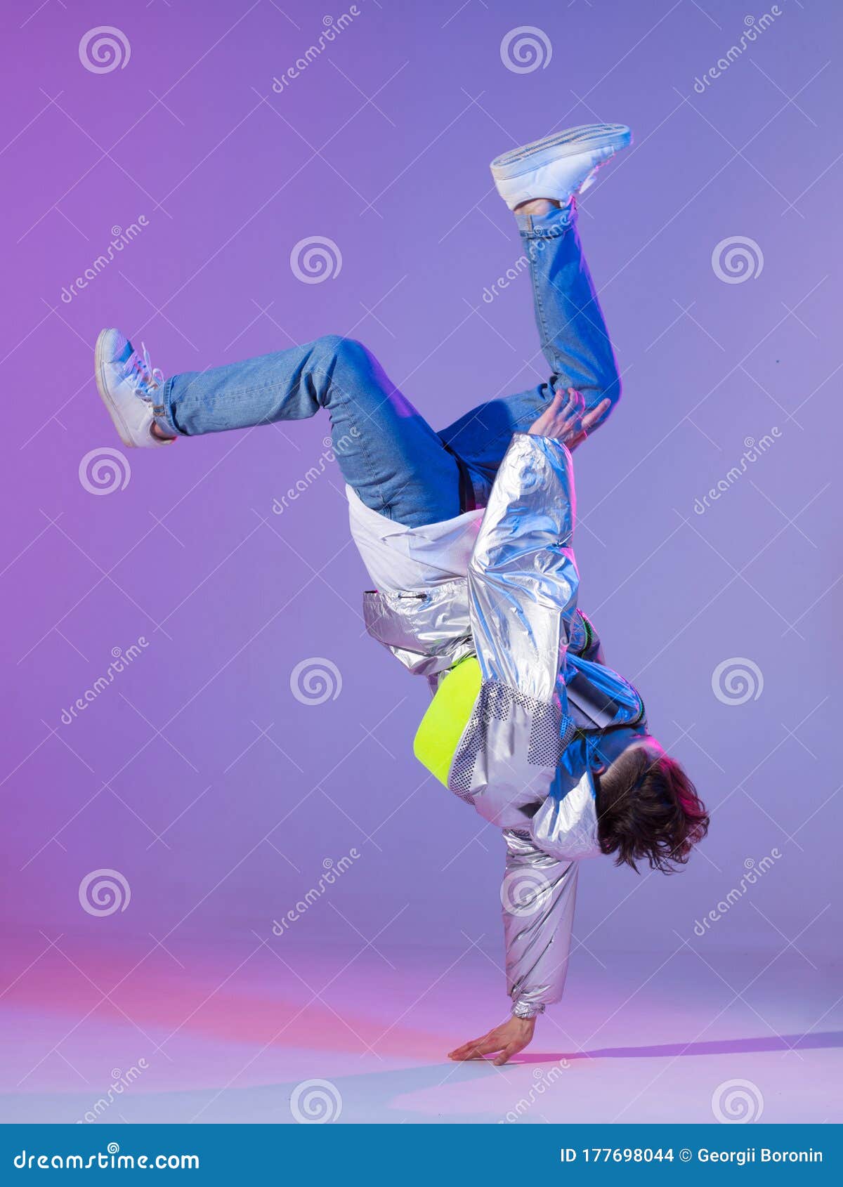 Cool Guy Dancing Contemporary Dance in Studio. Neon Light Background ...