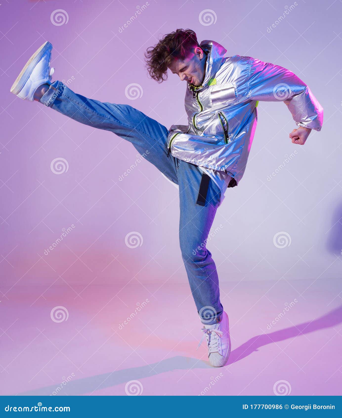 Cool Guy Dancing Contemporary Dance in Studio. Neon Light Background ...