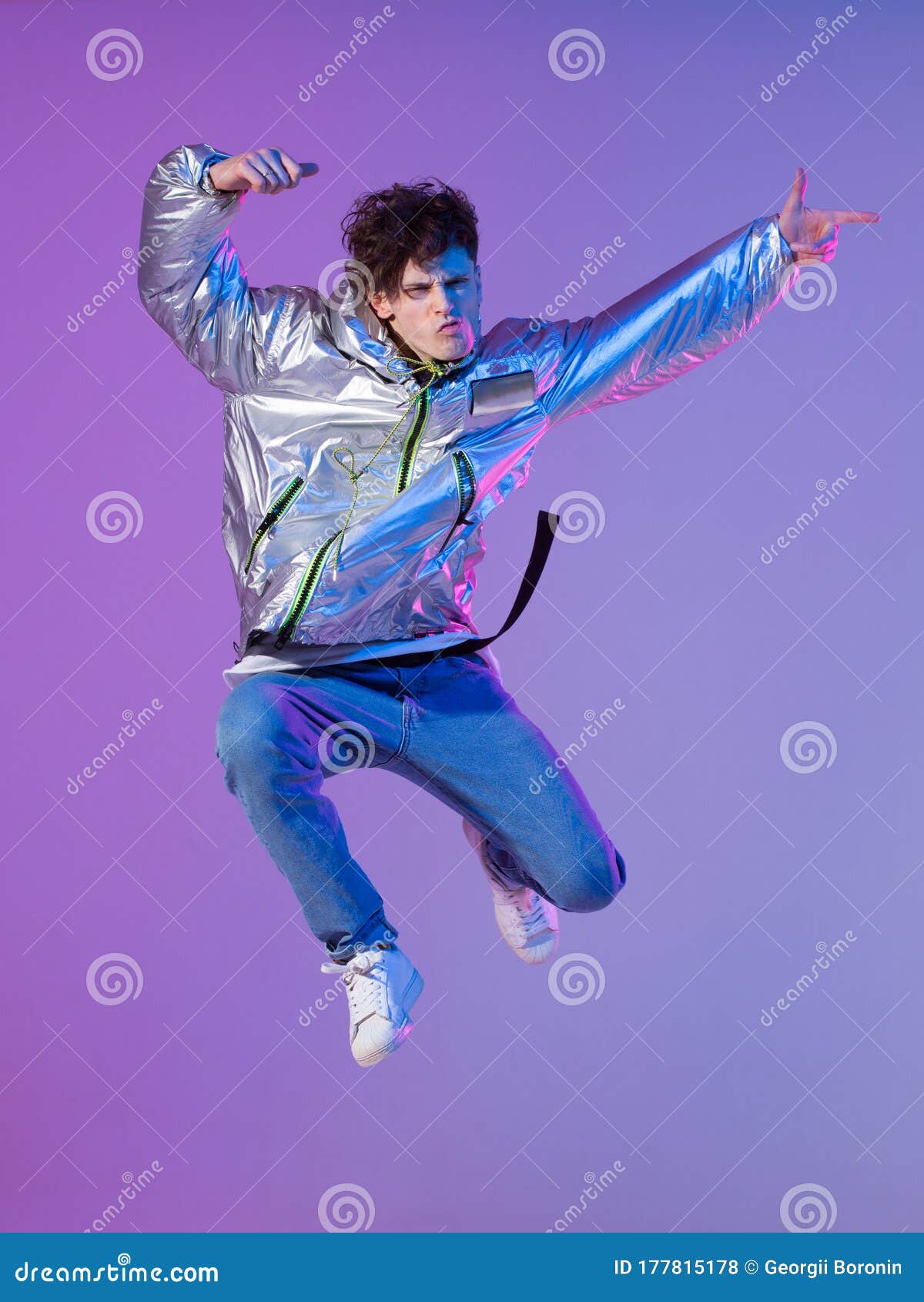Cool Guy Dancing Contemporary Dance in Studio. Neon Light Background ...