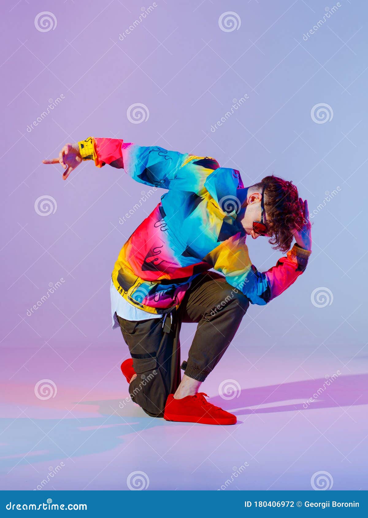 Guy Dancing Contemporary Dance in Studio. Neon Light Grey Background ...