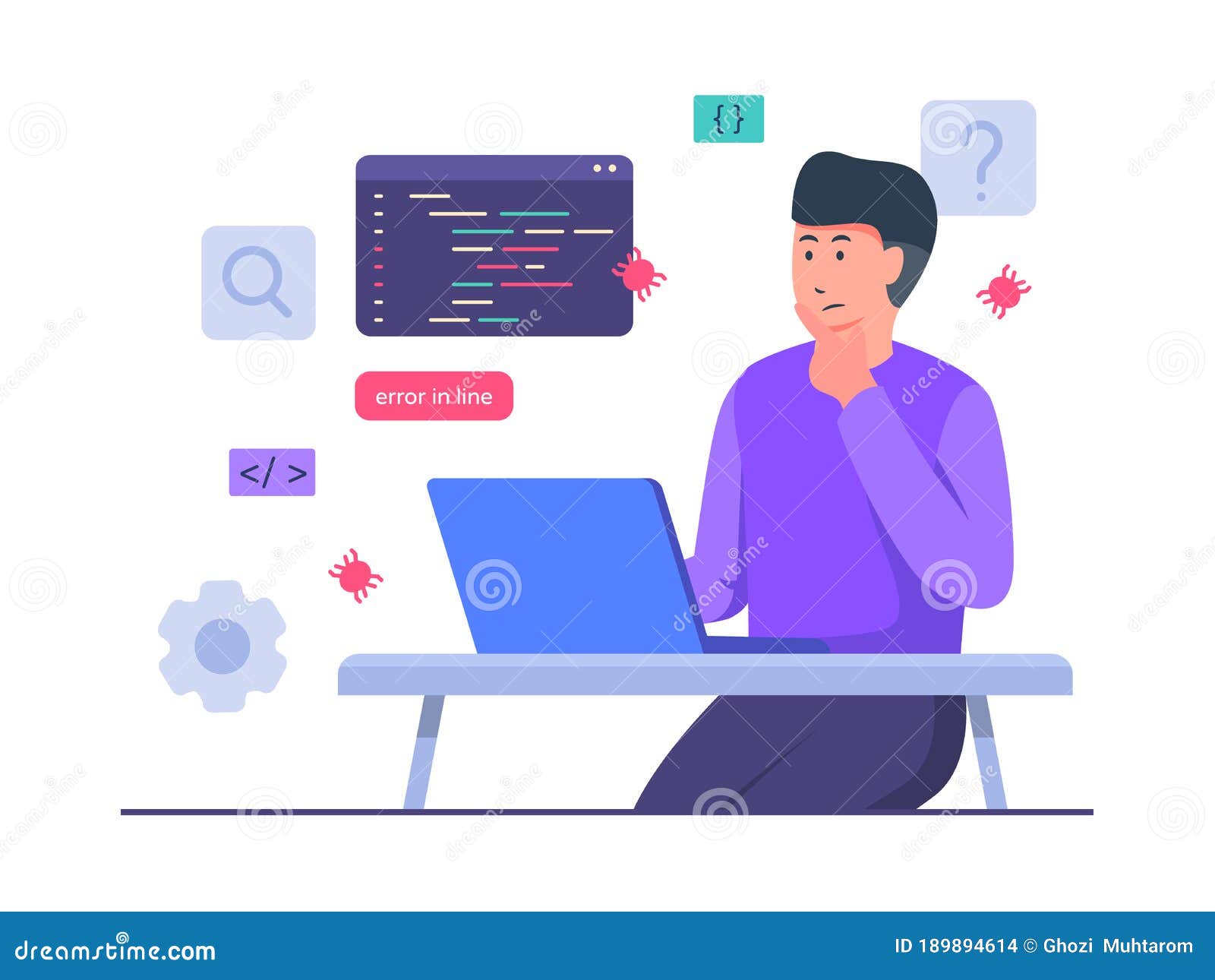 Guy Developer Character Thinking Work On Laptop Create Debugging Code