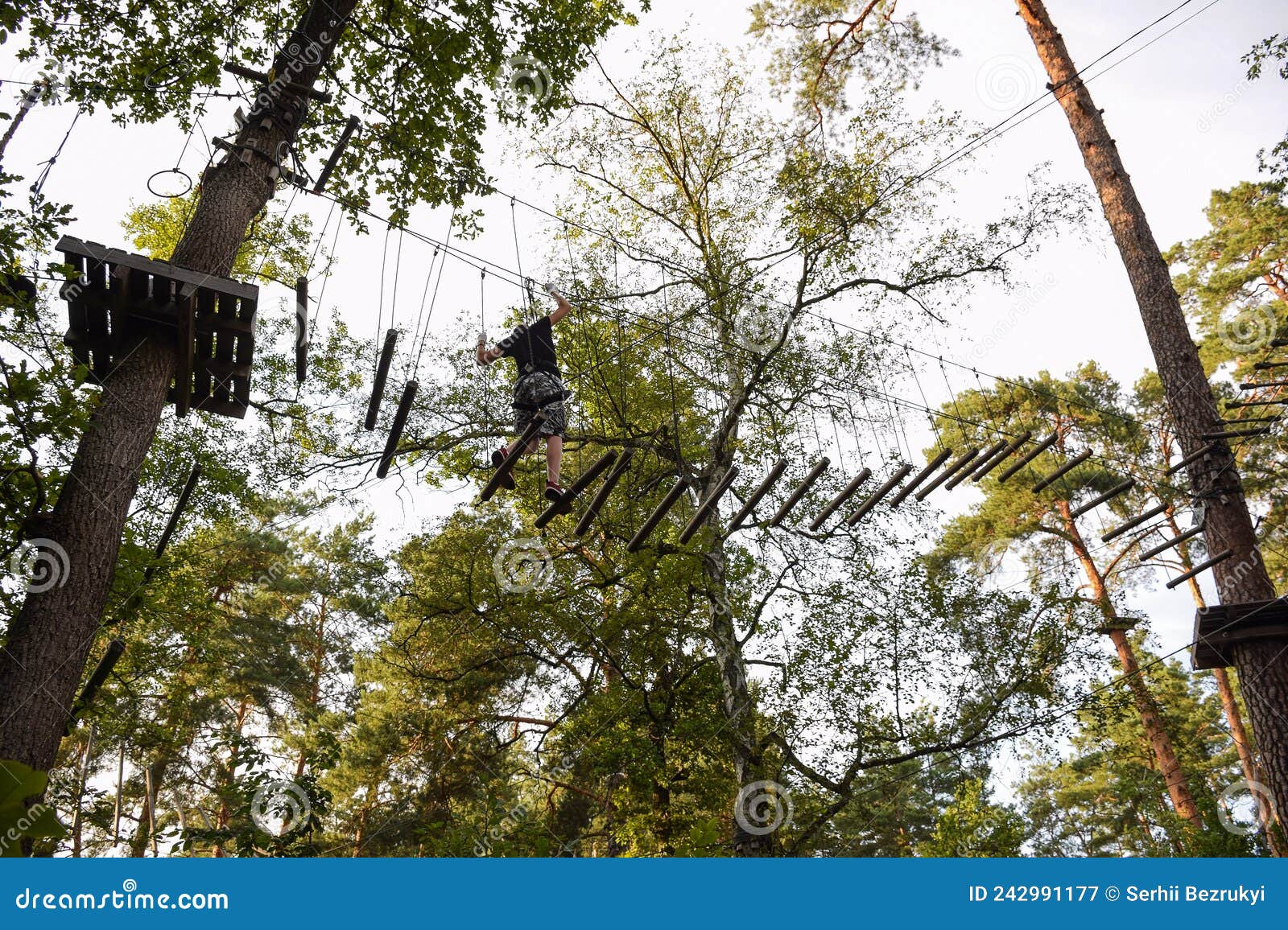 The Guy Goes through the Obstacle Course on the Rope Park Stock Image ...