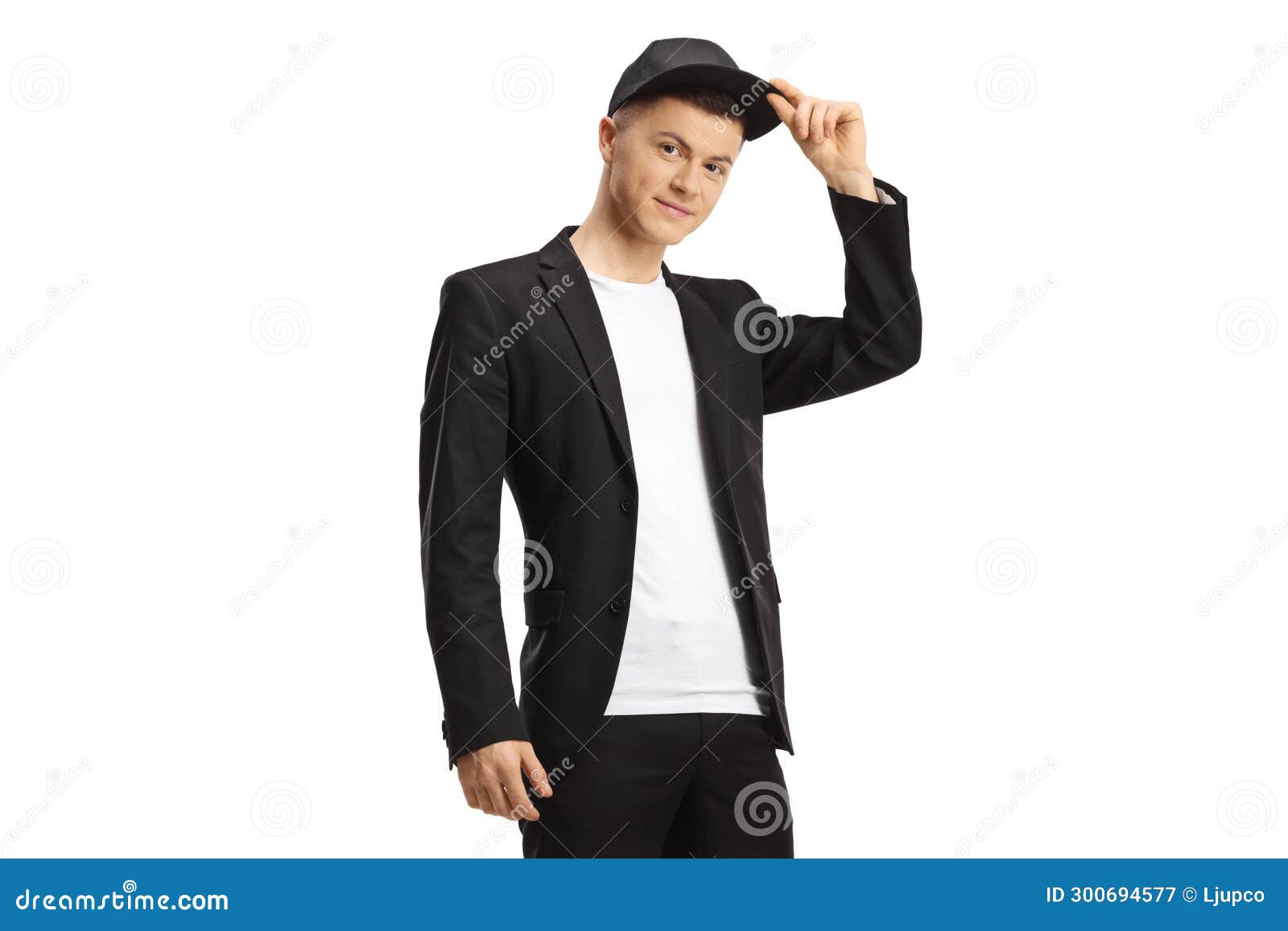 Guy greeting with his cap stock image. Image of suit - 300694577