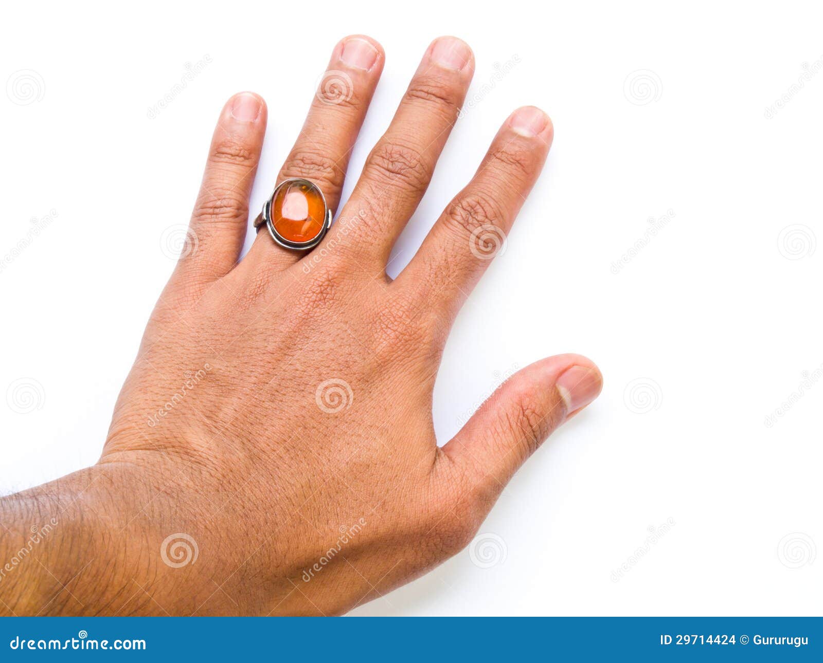 A Guy Hand with Amber Ring on His Finger Isolated on White Back Stock ...
