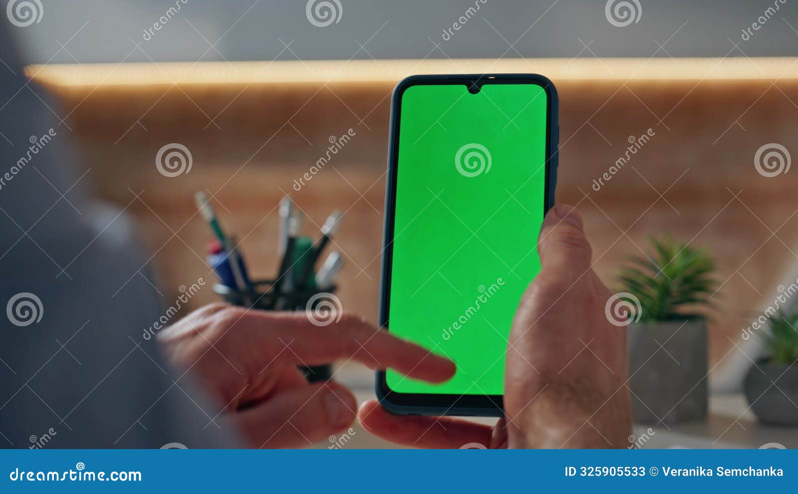 Guy Hand Touching Mockup Screen Answering Call at Office Workplace ...
