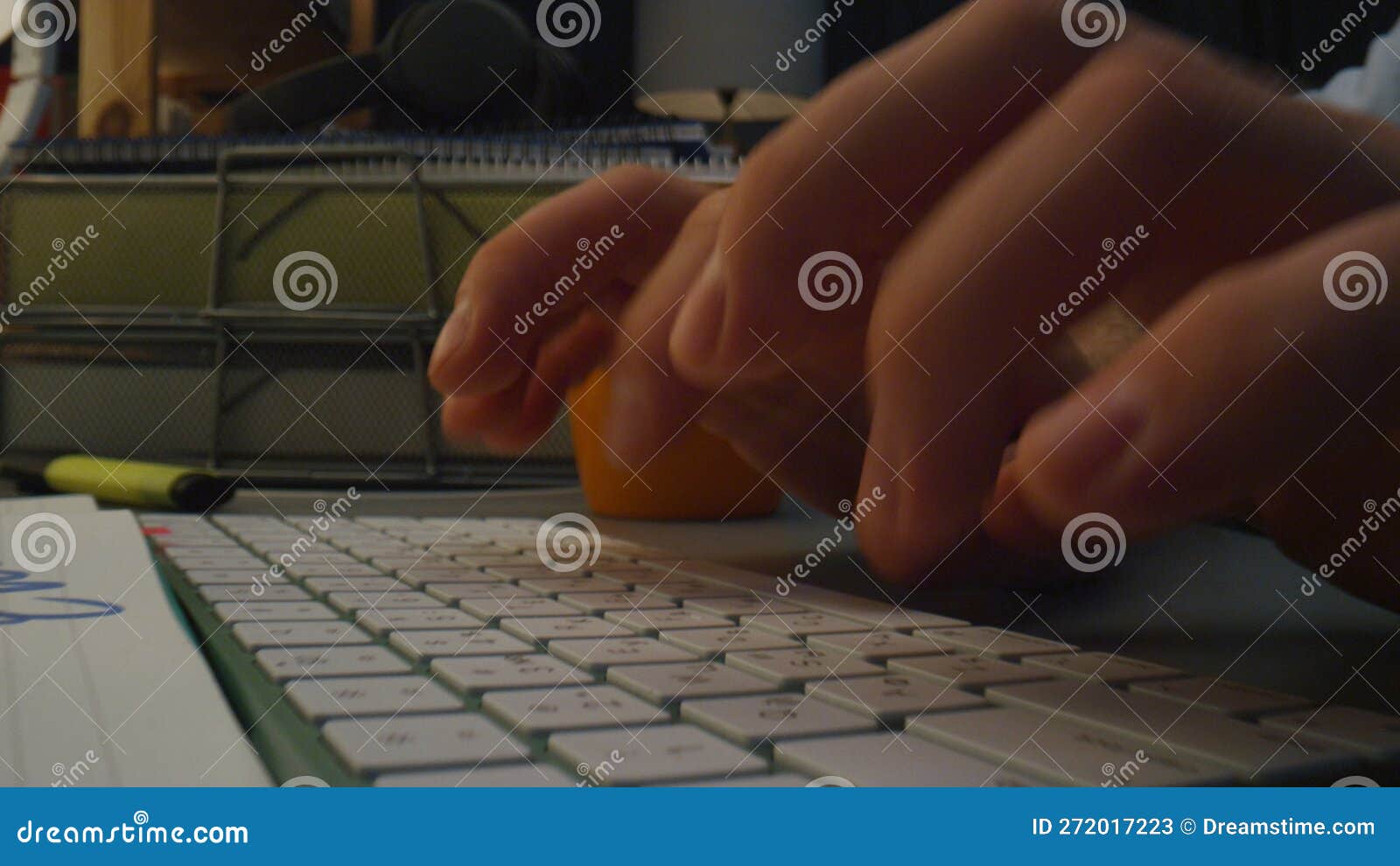 Guy Hands Texting Keyboard Buttons Dark Interior. Man Fingers Working ...