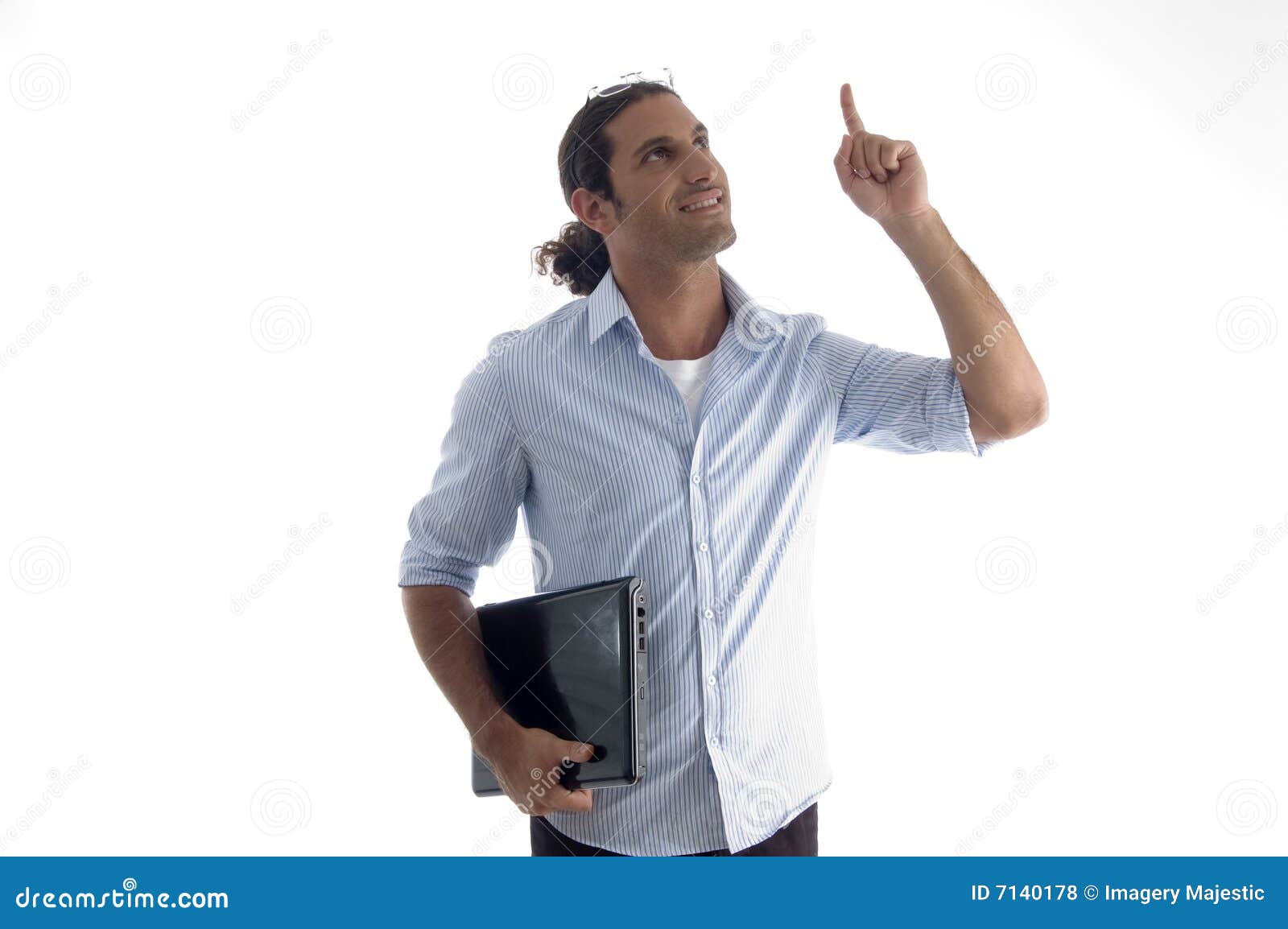 Guy Handsome Holding Laptop Pointing Upwards Young Στοκ Εικόνες ...